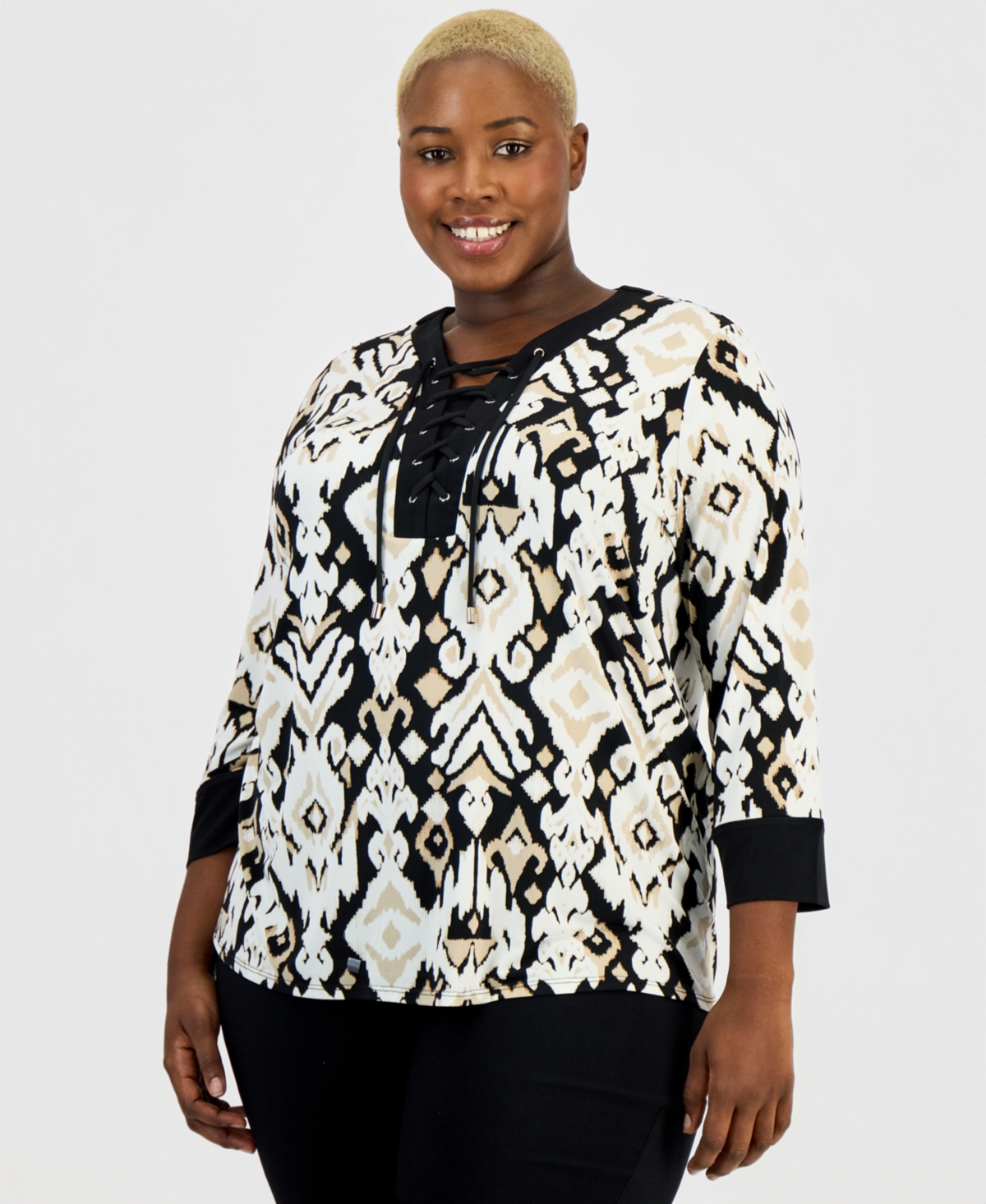Click here for Jm Collection Plus Size Lace-Up 3/4-Sleeve Knit To... prices