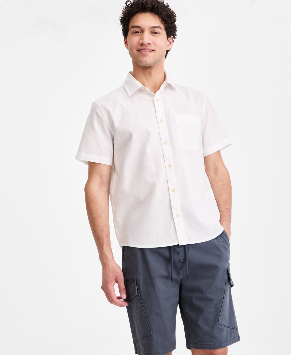 Click here for Sun + Stone Mens Devin Linen Blend Woven Short-Sle... prices