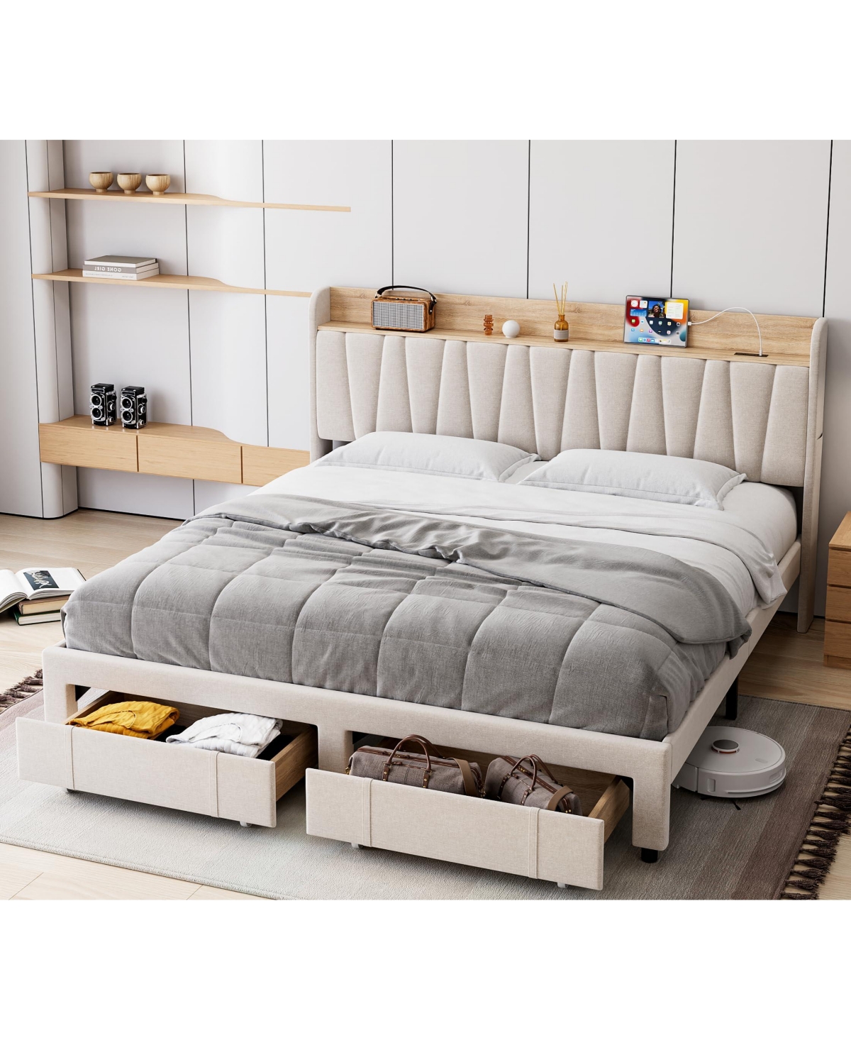 Click here for gaomon King Bed Frame with Drawer  Upholstered Pla... prices