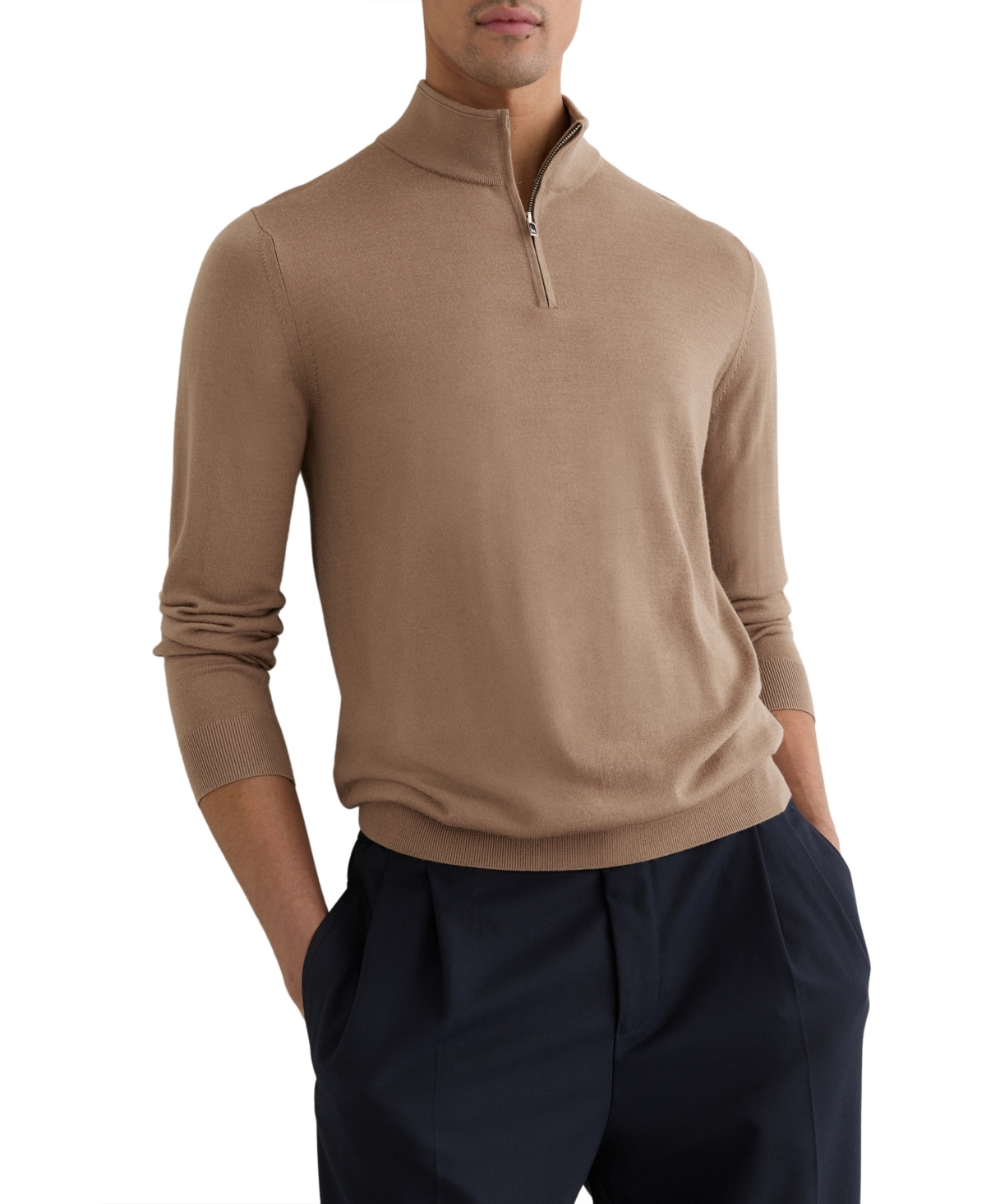 Click here for Reiss Mens Merino Wool Half-Zip Jumper - Camel Bro... prices