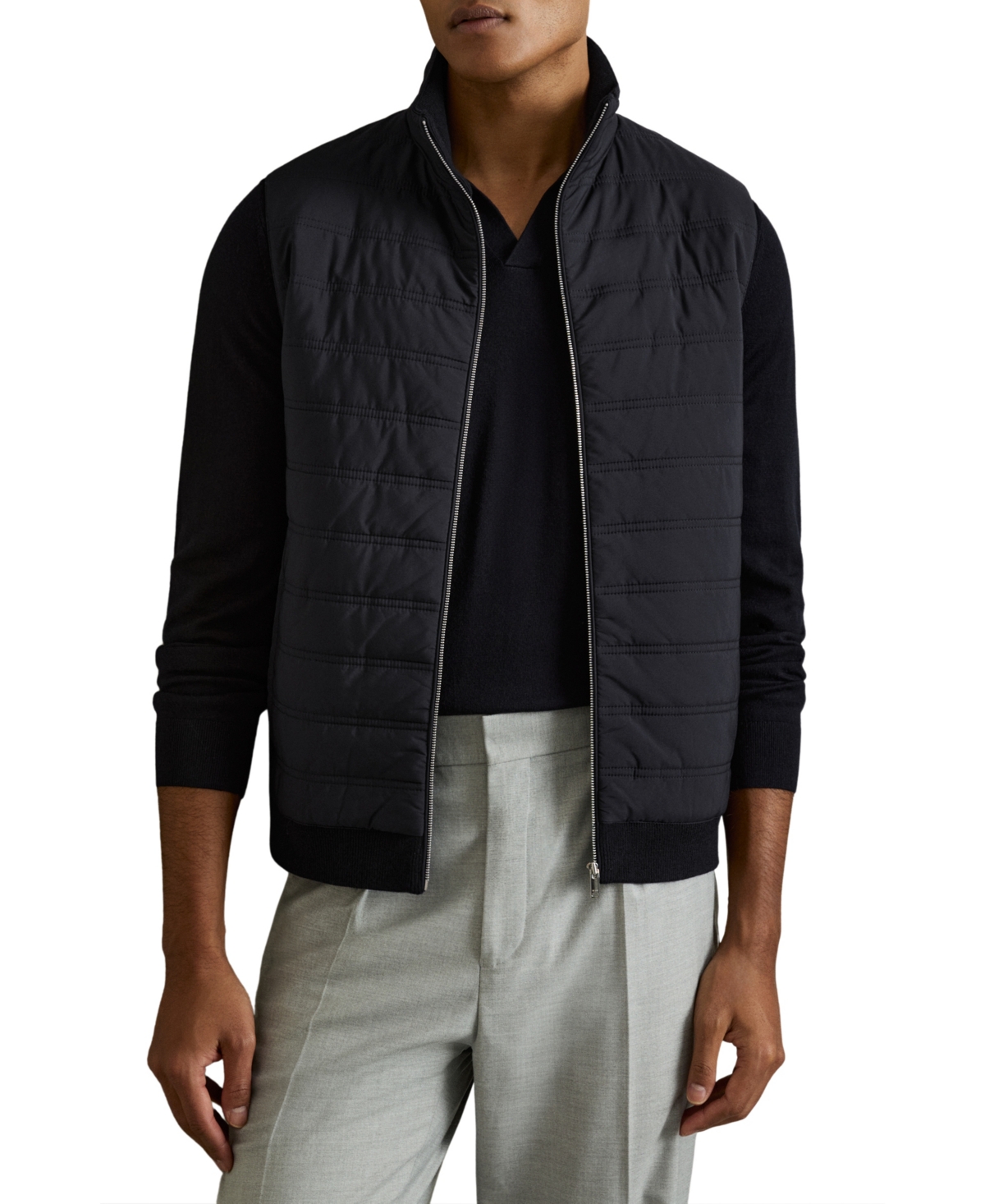 Click here for Reiss Mens Hybrid Quilt and Knit Zip-Through Gilet... prices