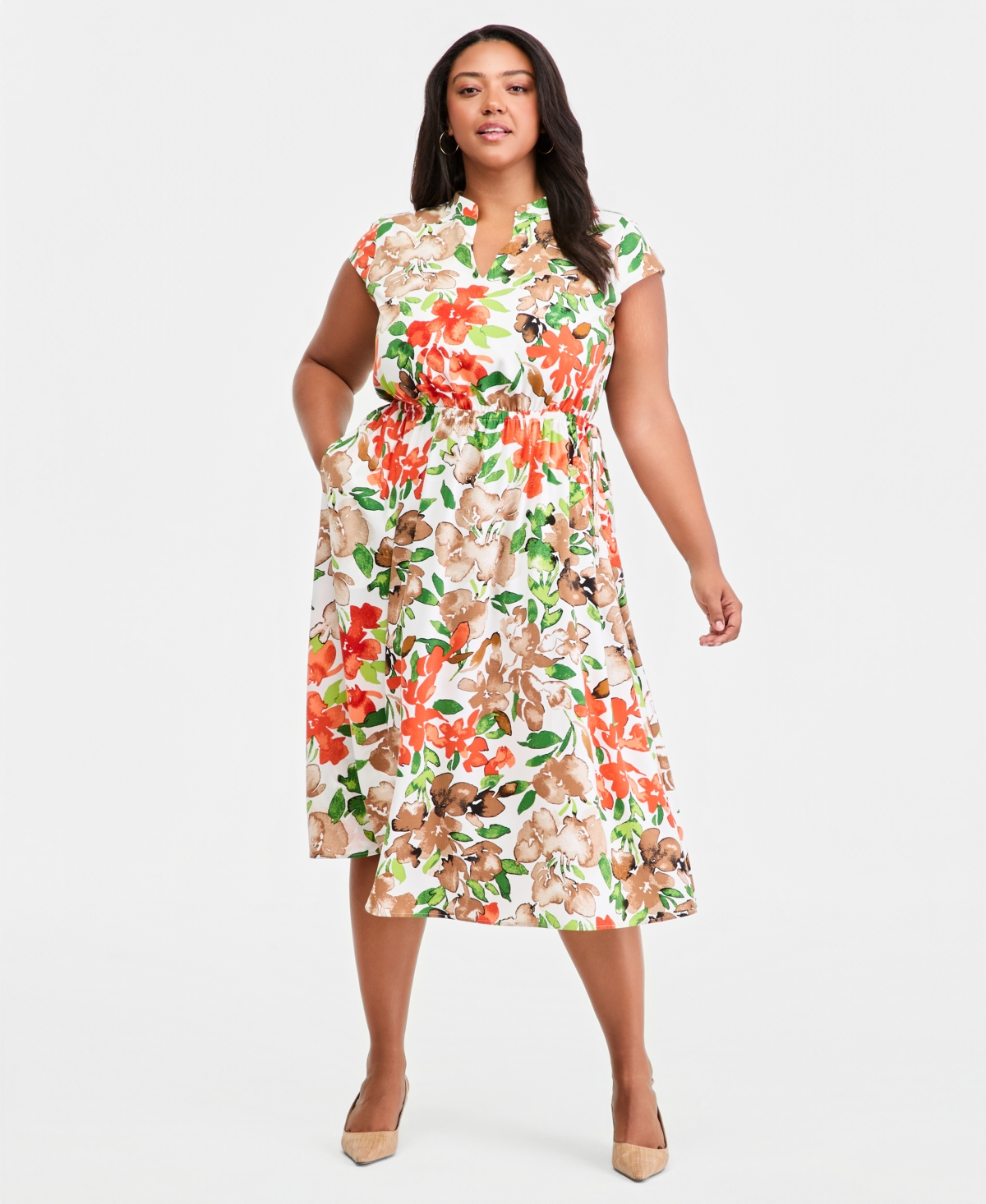 Click here for Kasper Plus Size Printed Split-Neck Cap-Sleeve Dre... prices