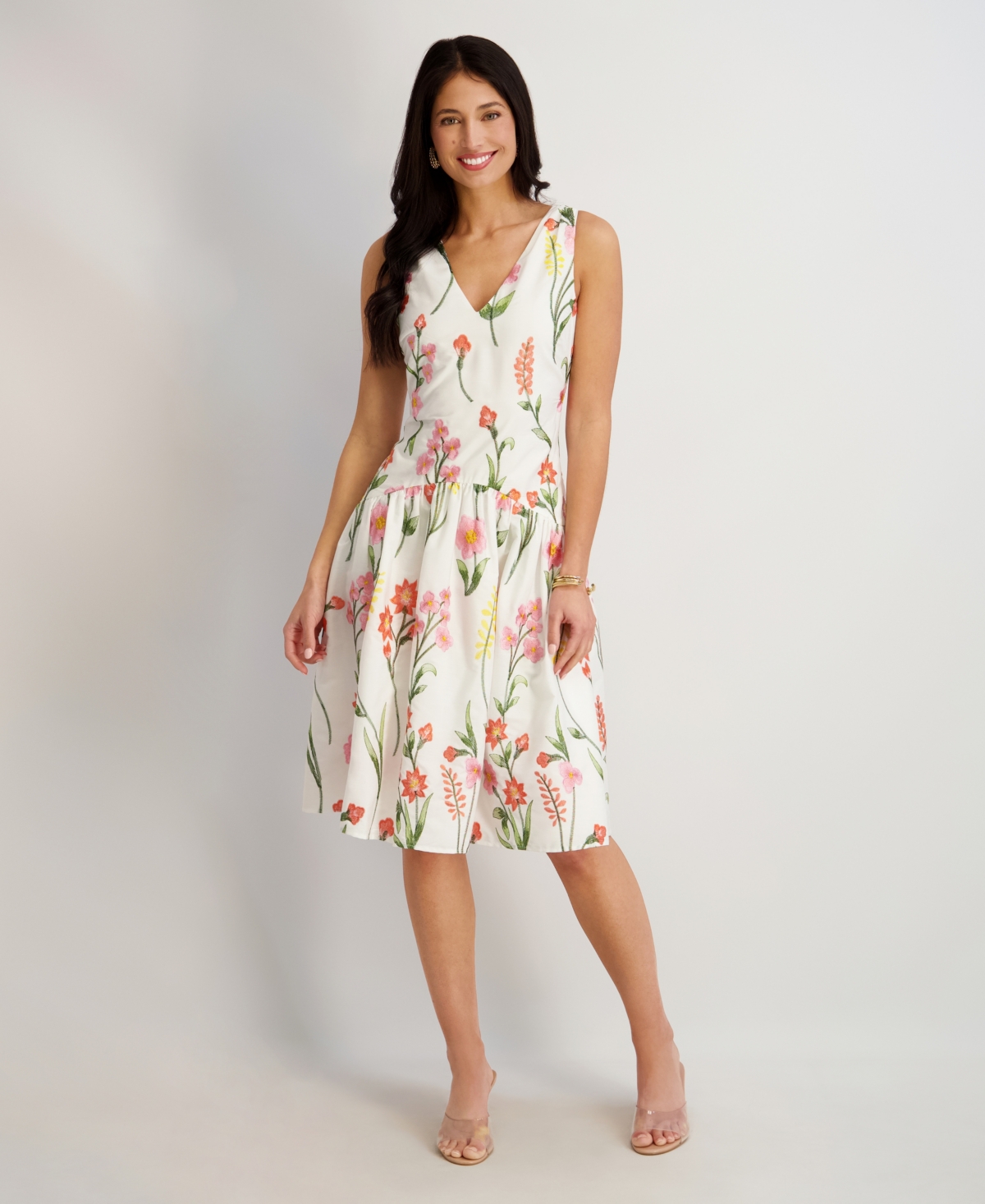 Click here for kensie Womens Embroidered V-Neck Dress - White prices