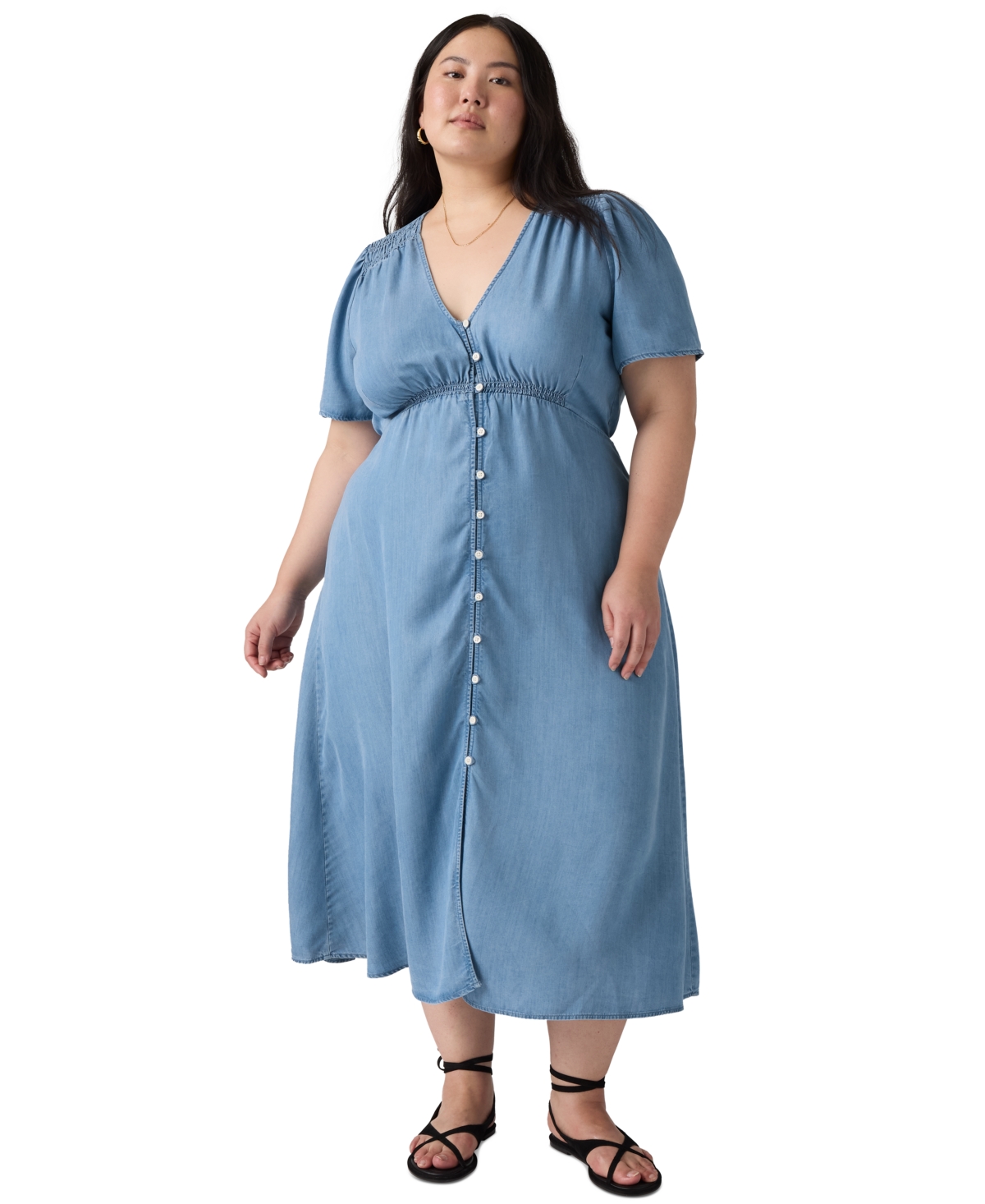 Click here for Levis Plus Size V-Neck Button-Front A-Line Midi Dr... prices