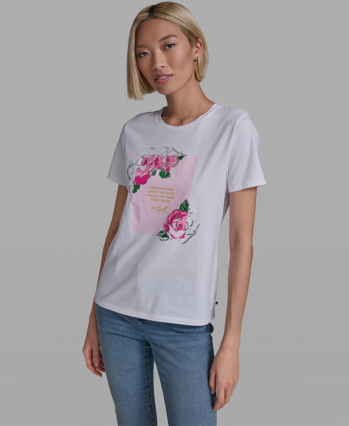 Click here for Karl Lagerfeld Paris Womens Rose Print Crew Neck T... prices