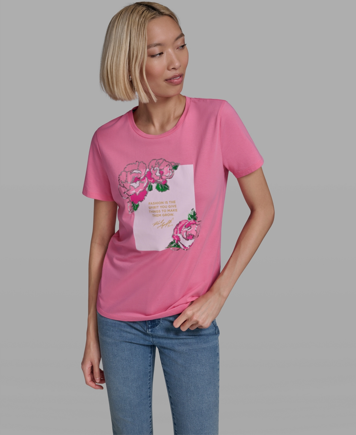 Click here for Karl Lagerfeld Paris Womens Rose Print Crew Neck T... prices