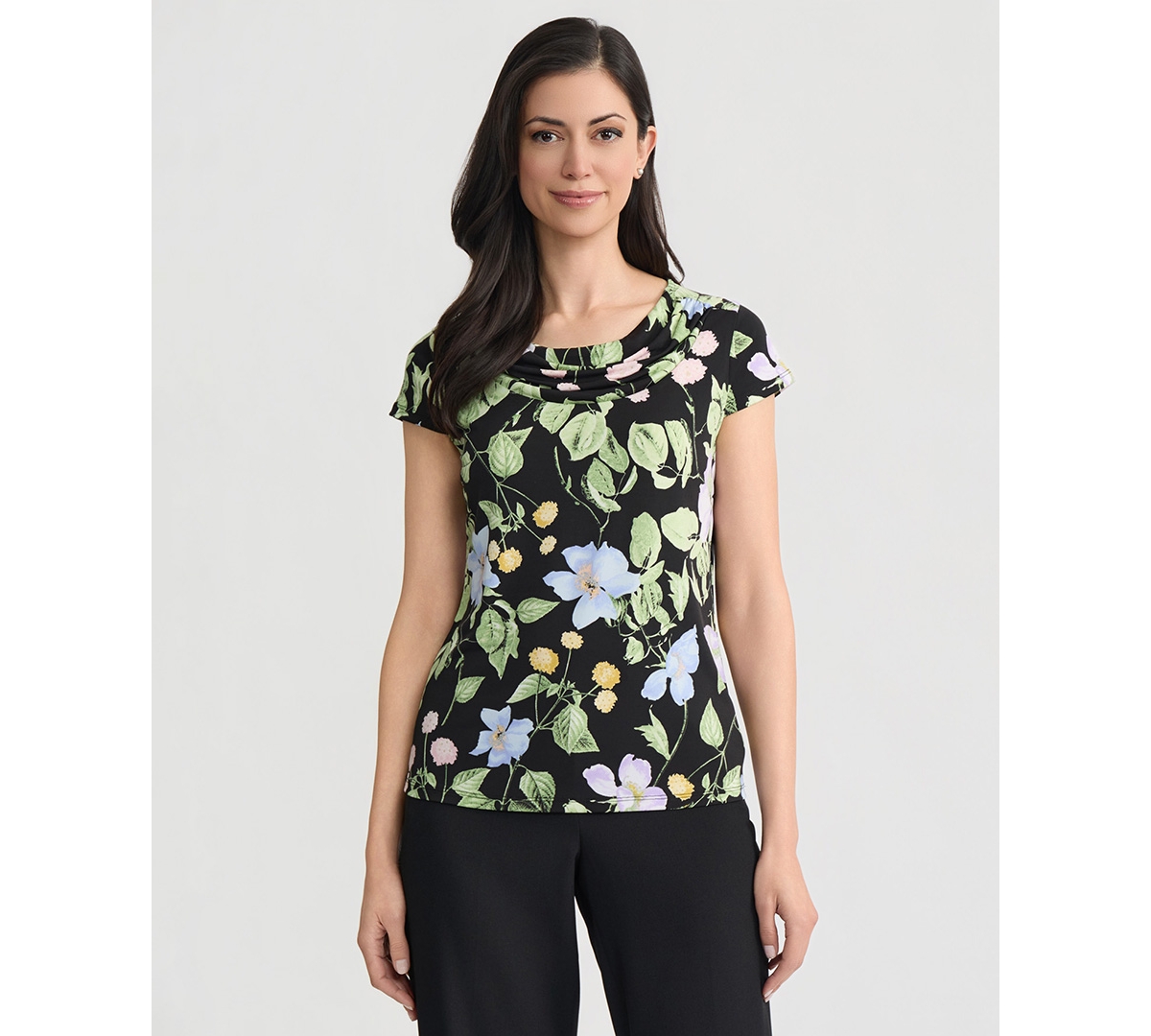 Click here for Kasper Womens Cowl-Neck Cap-Sleeve Floral Top - Bl... prices