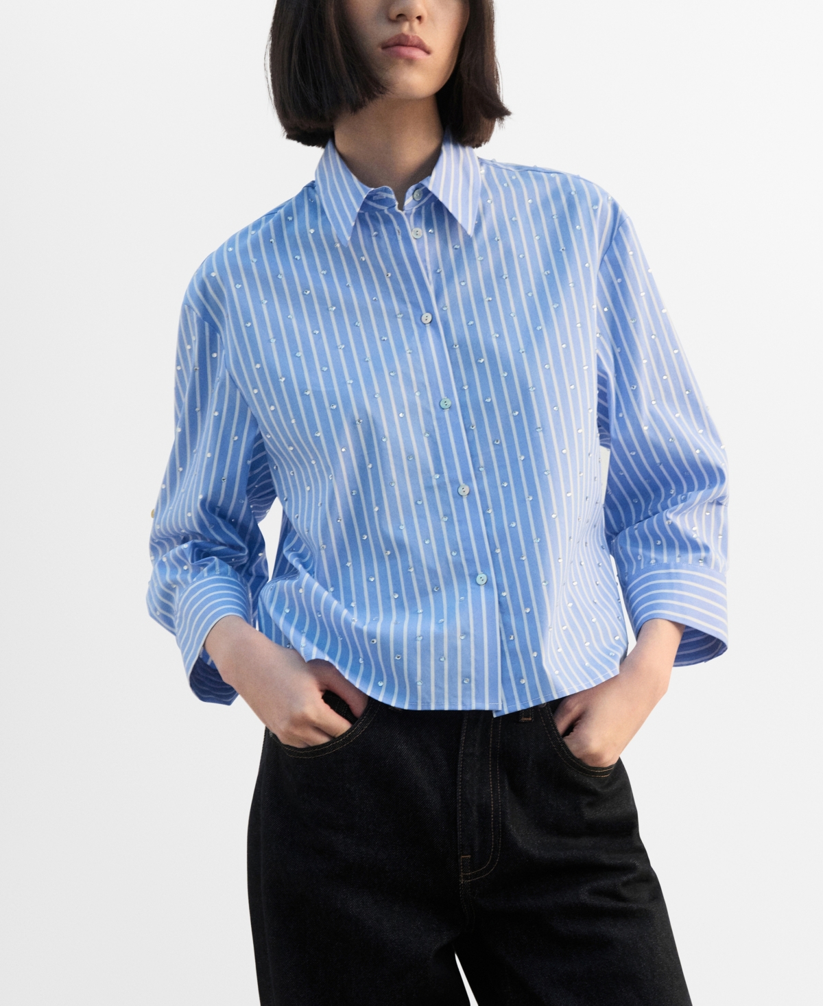 Click here for Mango Womens Rhinestones Striped Crop Blouse - Blu... prices
