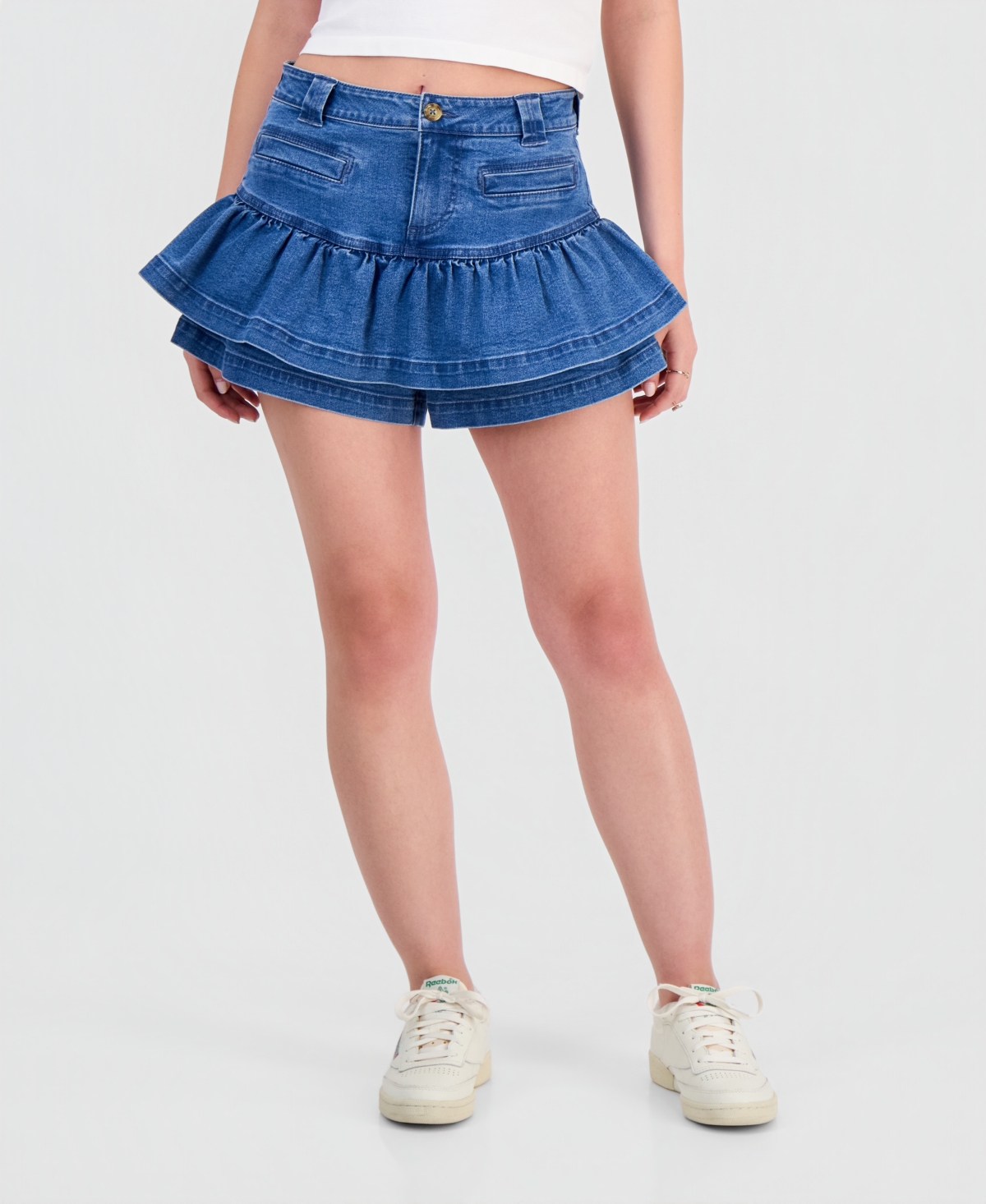 Click here for Tinseltown Juniors High-Rise Ruffled Denim Skort -... prices