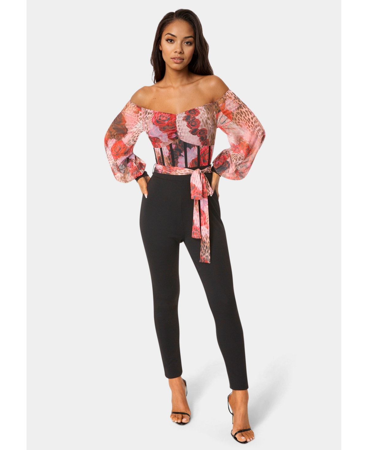 Click here for Bebe Womens Printed Mesh Off Shoulder Catsuit - Le... prices