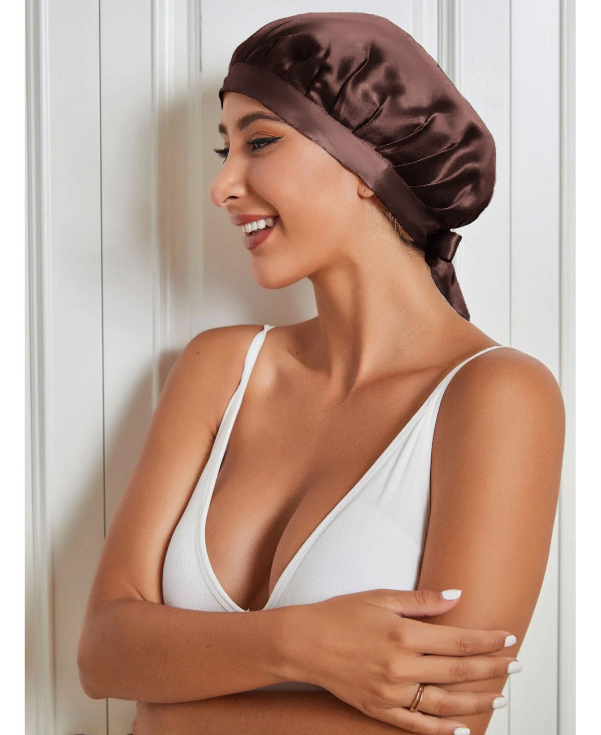 Click here for Silksilky Pure Silk Classic Ribbon Bonnet - Brown prices