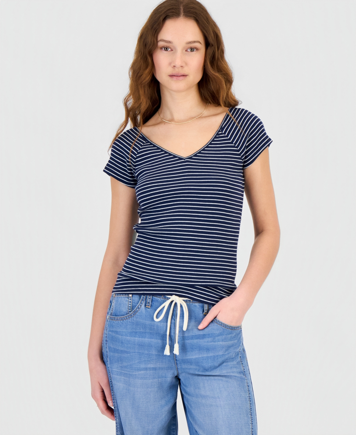 Click here for Hippie Rose Juniors Striped Ribbed Knit Top - Navy... prices