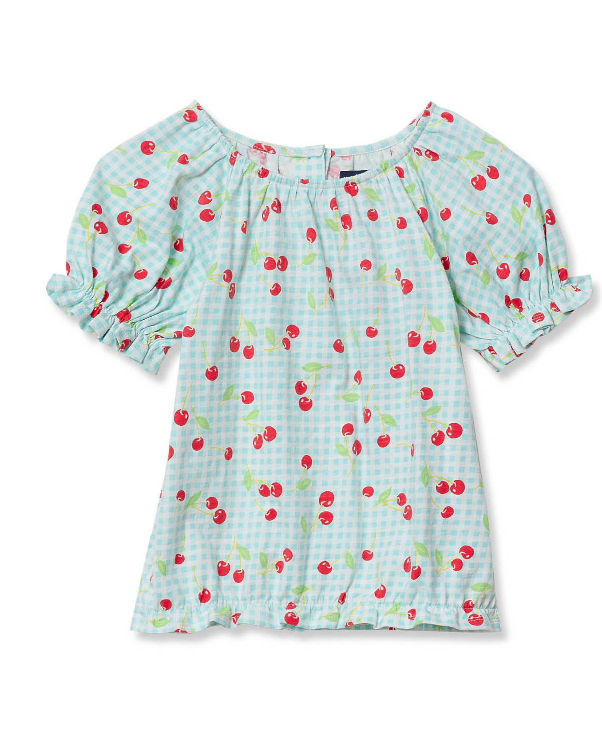 Click here for Lands End Girls Shirred Puff Blouse - Cherries/blu... prices