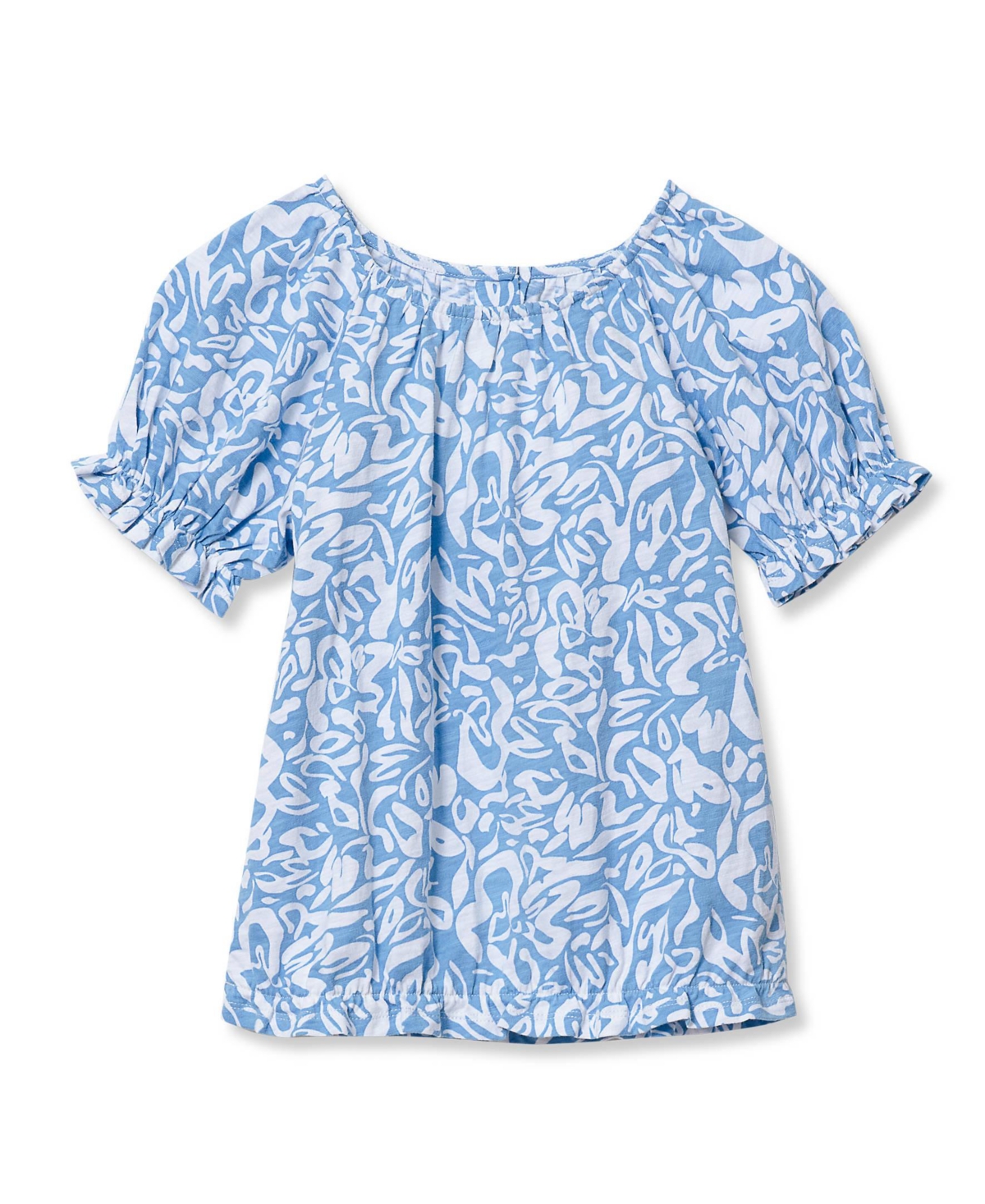 Click here for Lands End Girls Shirred Puff Blouse - Blue tropica... prices