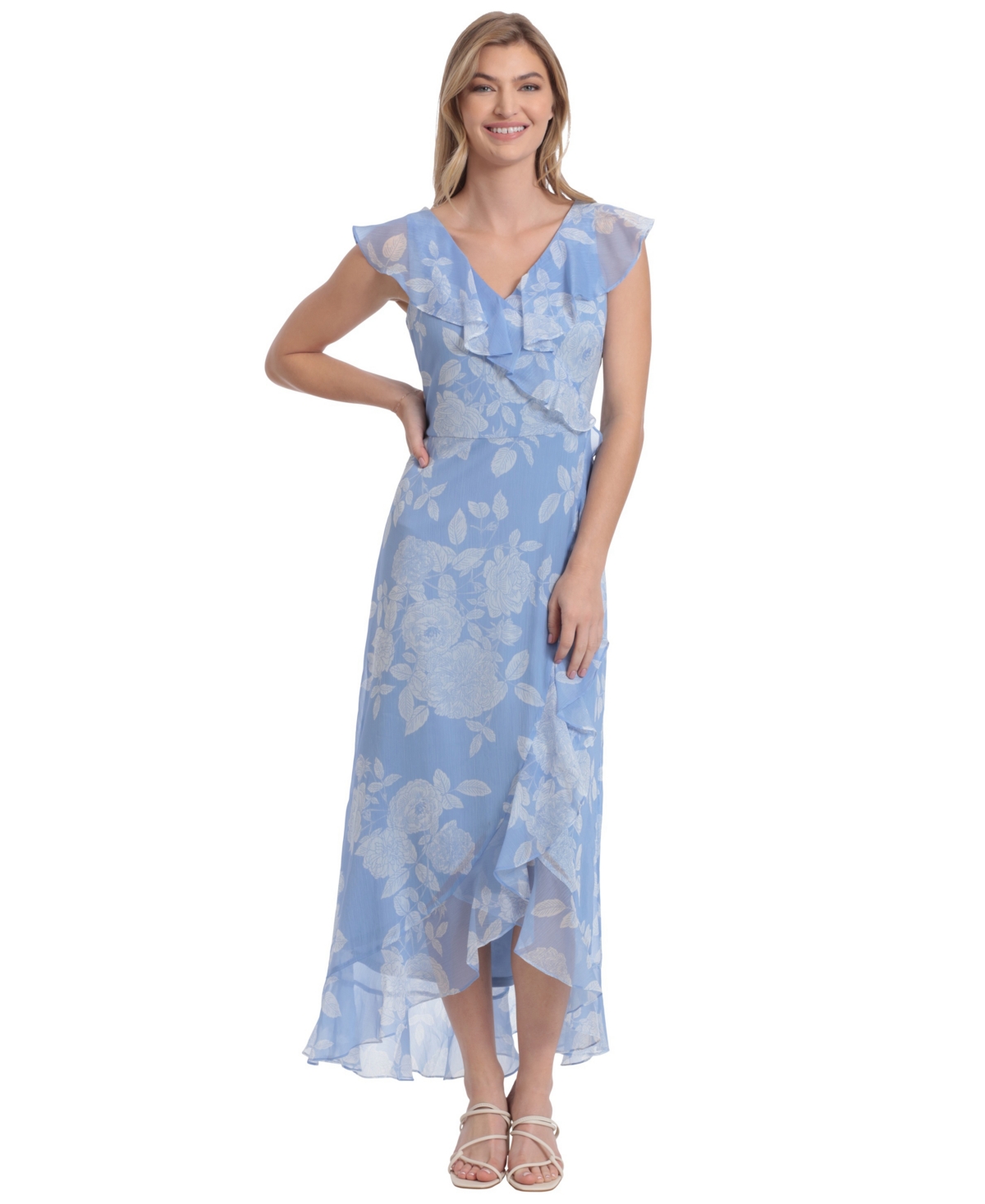Click here for London Times Womens Ruffle Wrap Maxi Dress - BLUE/... prices