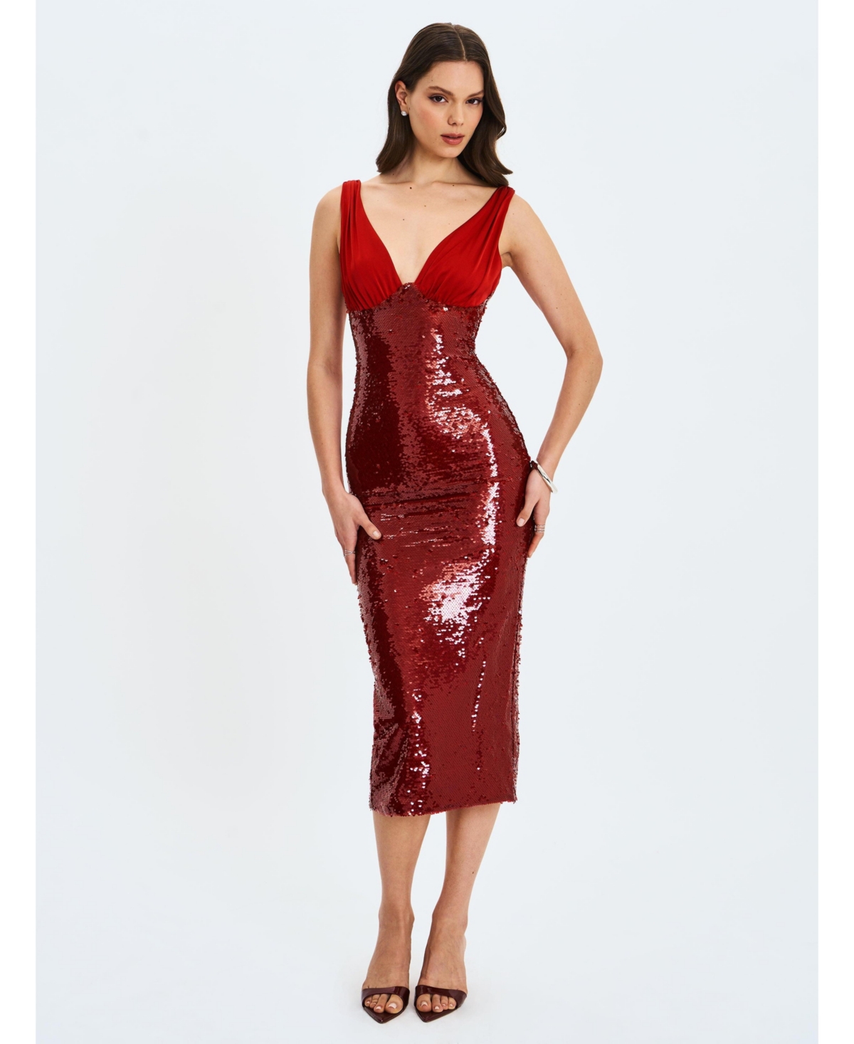 Click here for Miss Circle Womens Shanelle Crimson Sequin Plungin... prices