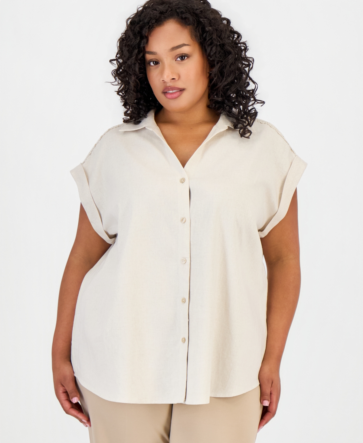Click here for Jones New York Plus Size Cuffed-Sleeve Blouse - Na... prices