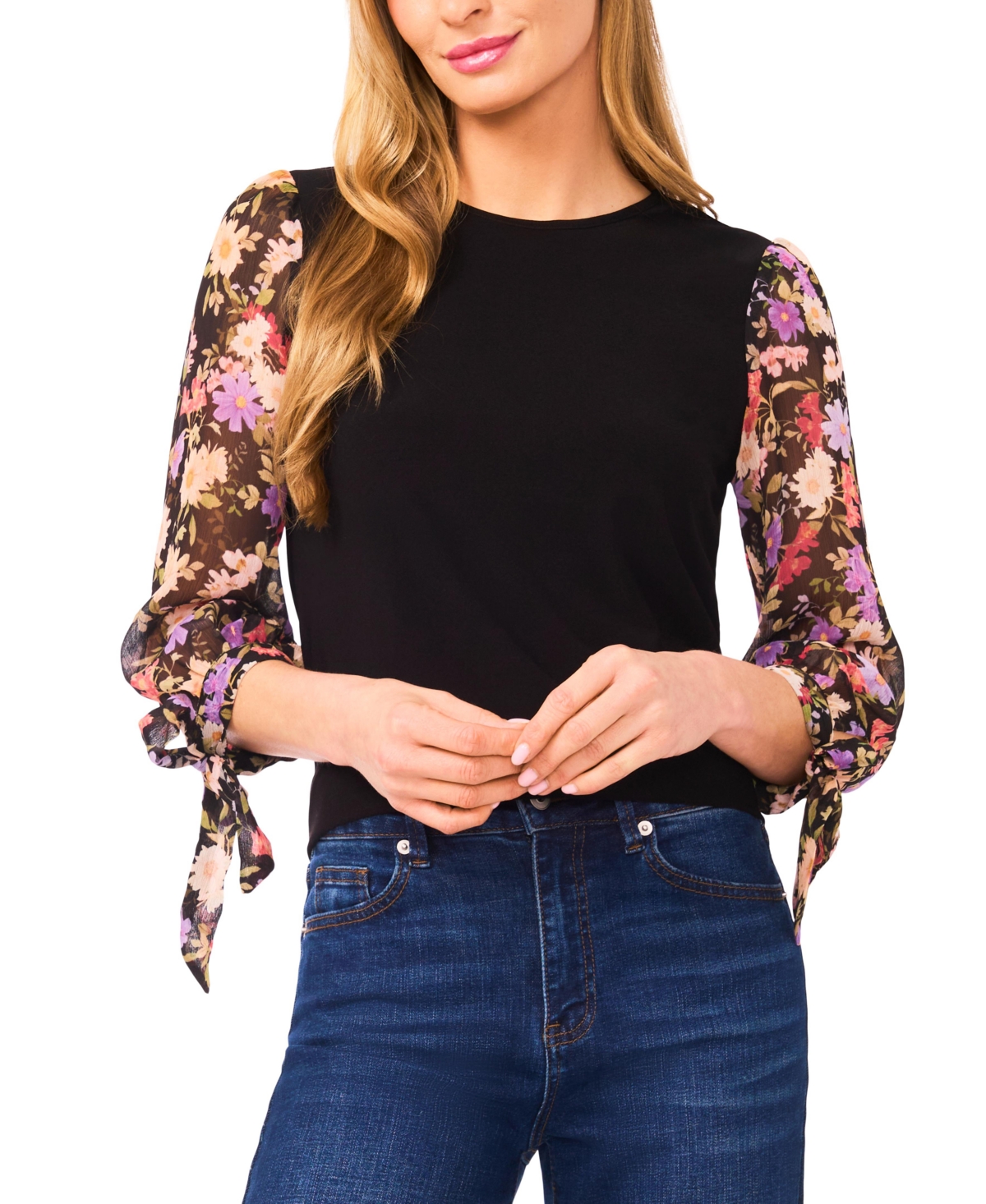 Click here for CeCe Womens Mixed Media Crew Neck Top - Rich Black prices