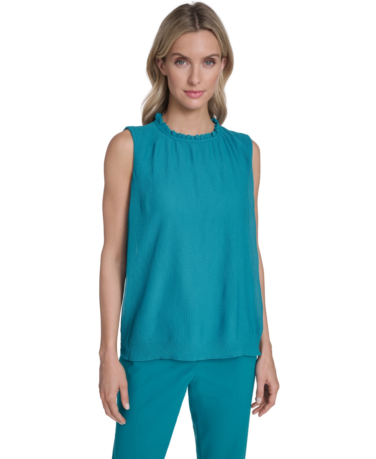 Click here for Calvin Klein Womens Sleeveless Ruffle Neckline Top... prices
