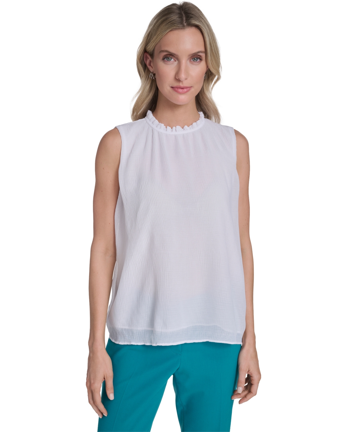 Click here for Calvin Klein Womens Sleeveless Ruffle Neckline Top... prices