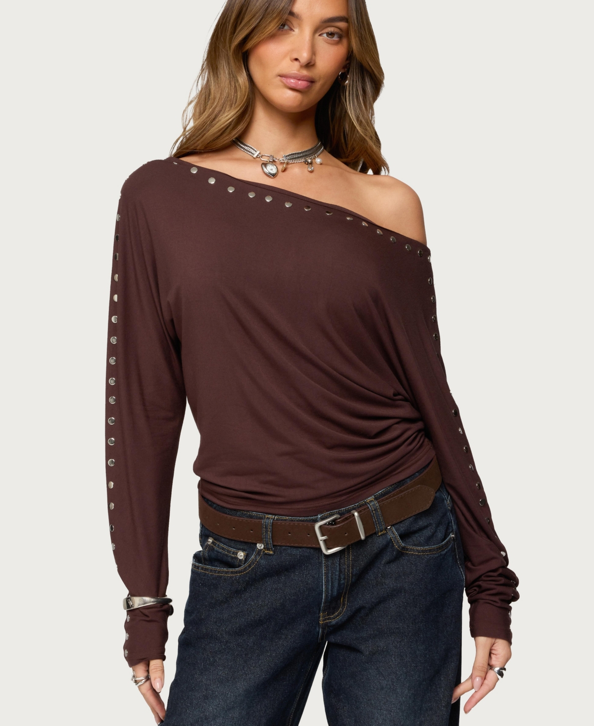 Click here for Edikted Womens Paola Off Shoulder Stud Top - Brown prices
