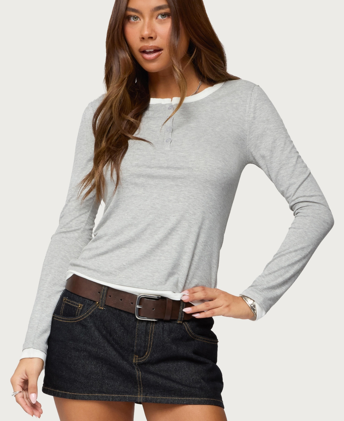 Click here for Edikted Womens Contrast Layered Look Henley Top -... prices