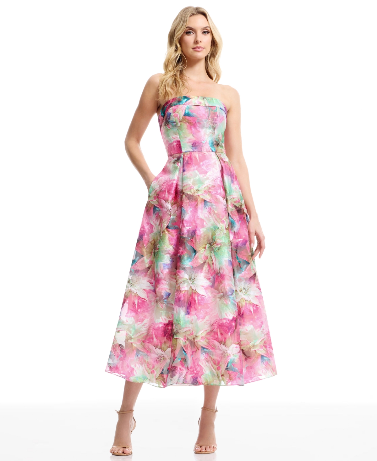 Click here for Dress the Population Womens Mika Strapless Floral... prices