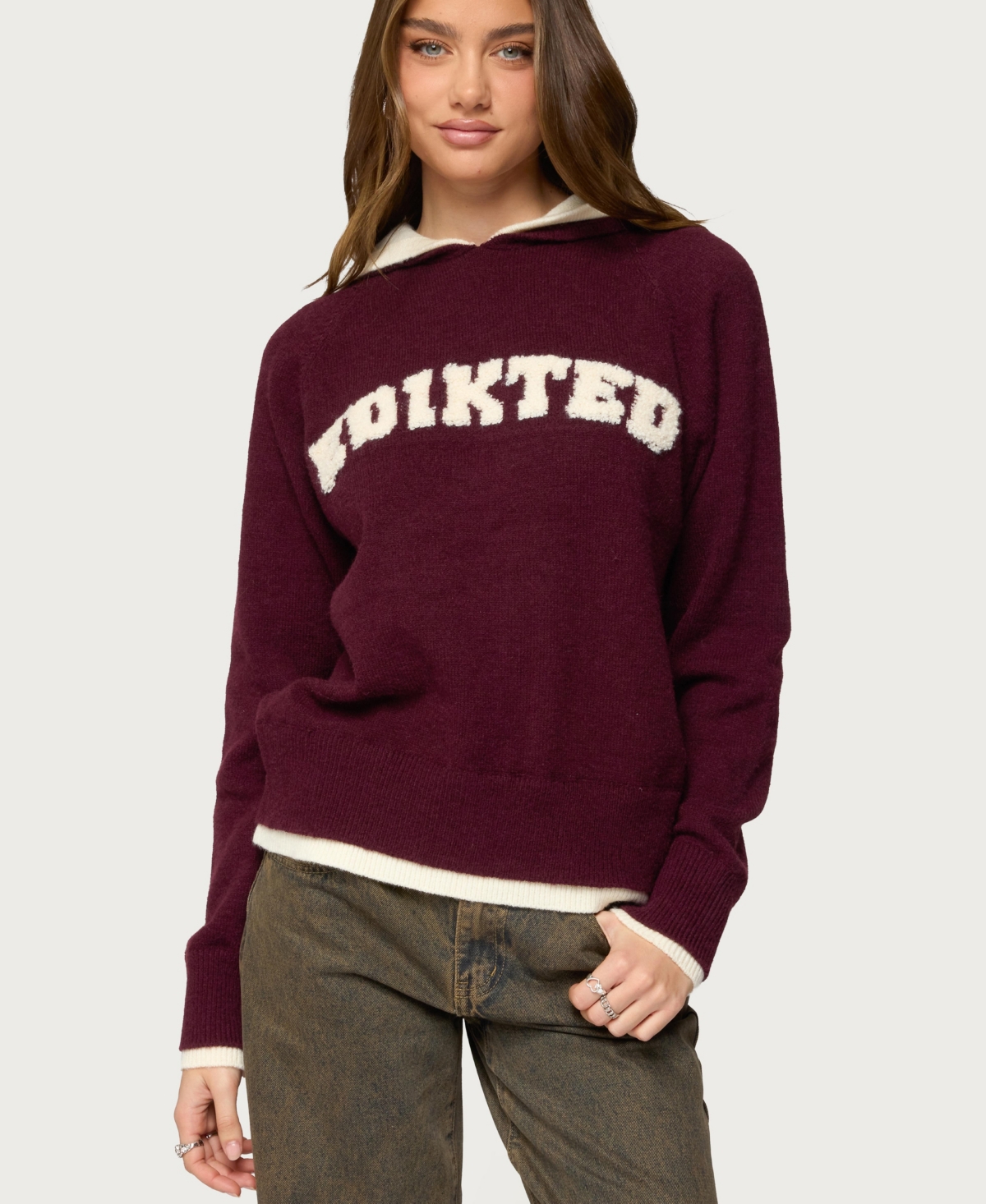 Click here for Edikted Womens Varsity Contrast Layered Knit Hoodi... prices