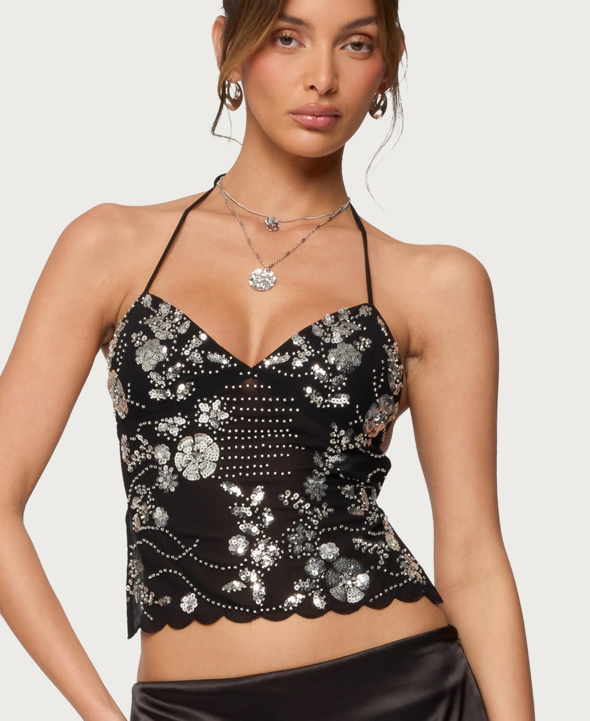 Click here for Edikted Womens Nelley Backless Beaded Sequin Chiff... prices