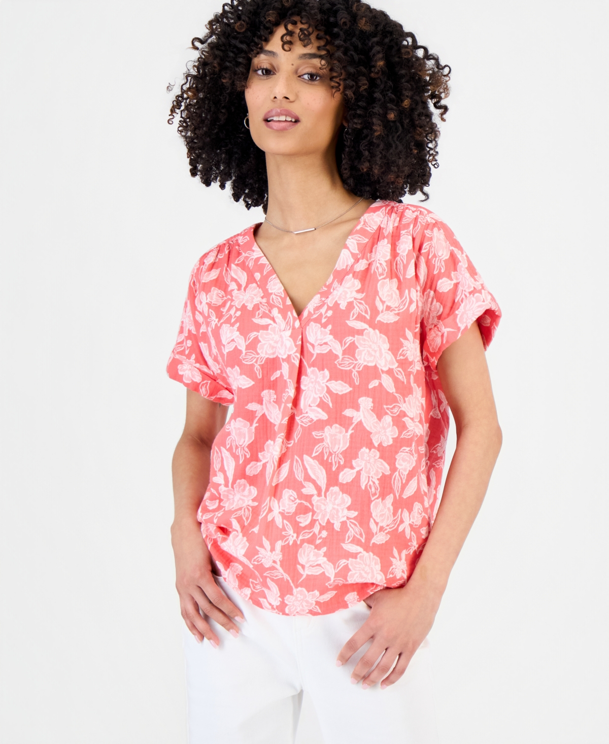 Click here for Style & Co Petite Cotton V-Neck Short-Sleeve Top... prices
