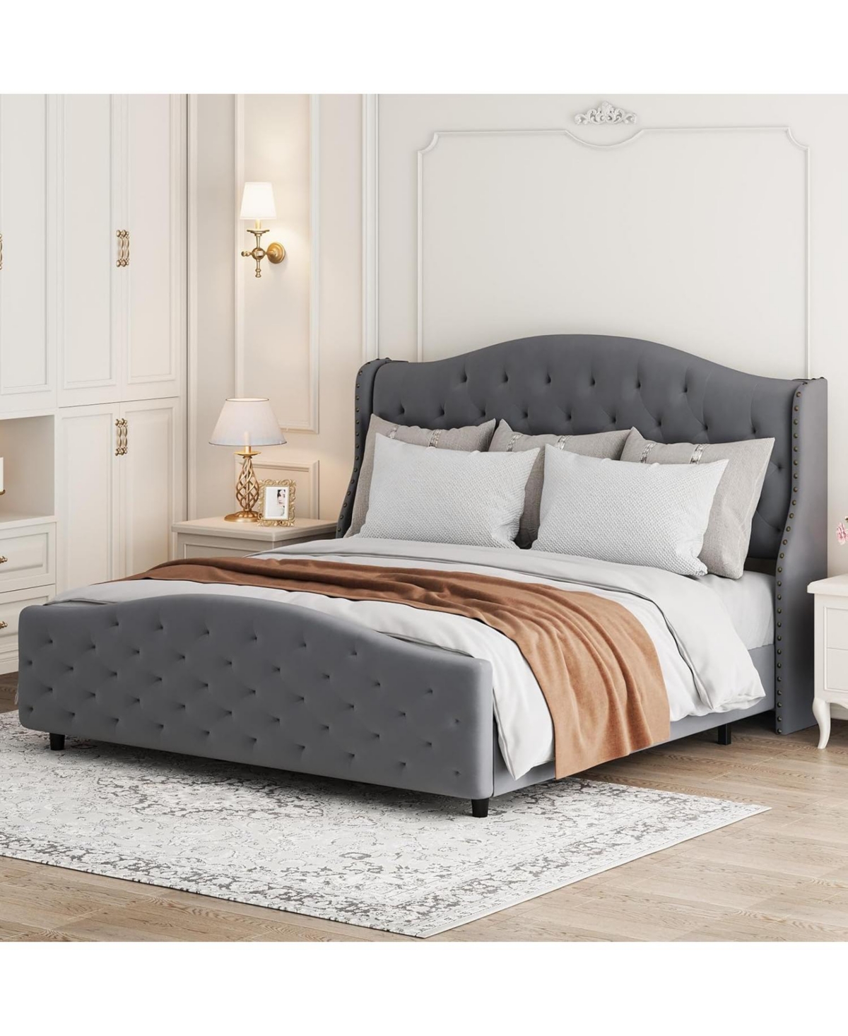 Click here for gaomon Size Velvet Bed Frame with Headboard and Fo... prices