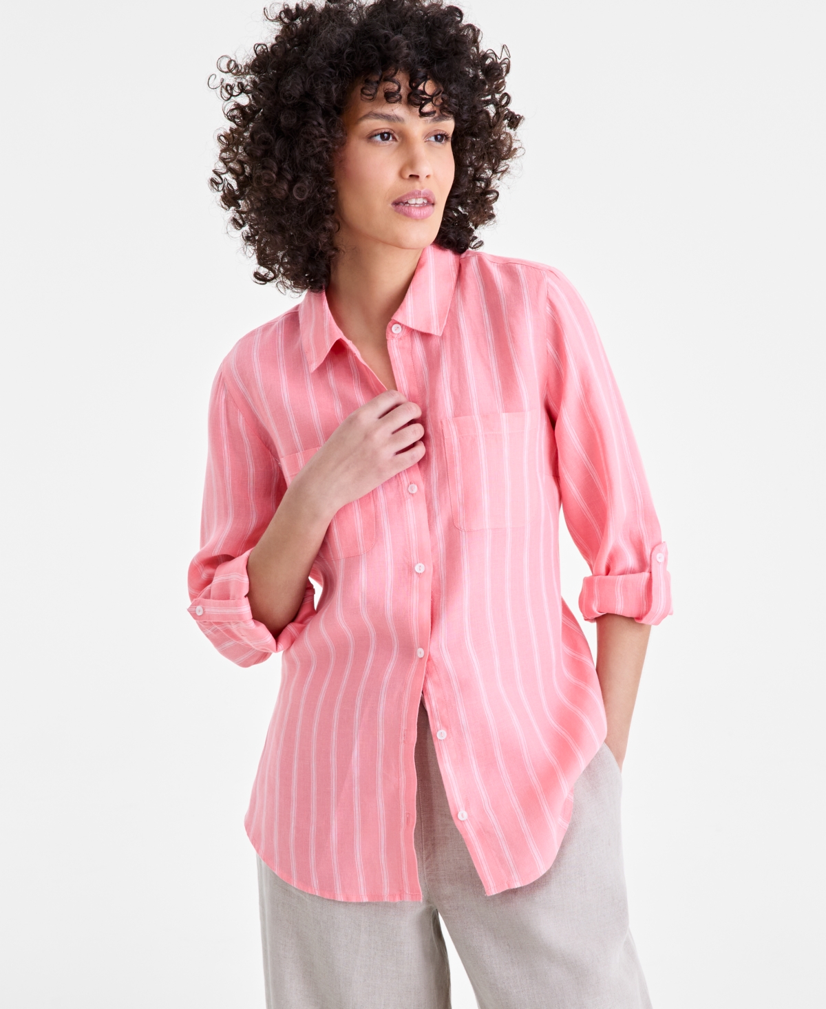 Click here for Charter Club Petite 100 Linen Button-Front Shirt... prices