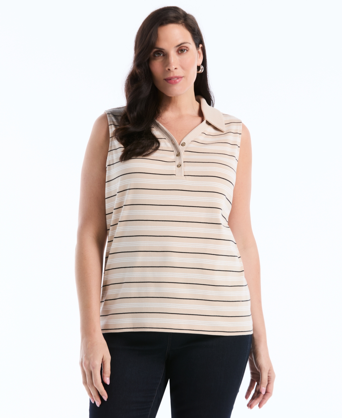 Click here for Rafaella Plus Size Stripe Sleeveless Polo Top - Mo... prices