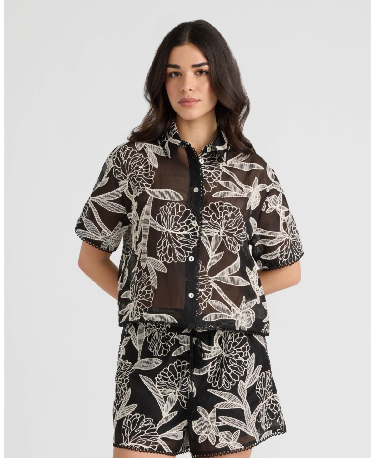 Click here for Nvlt Womens Embroidered Camp shirt with scallop de... prices