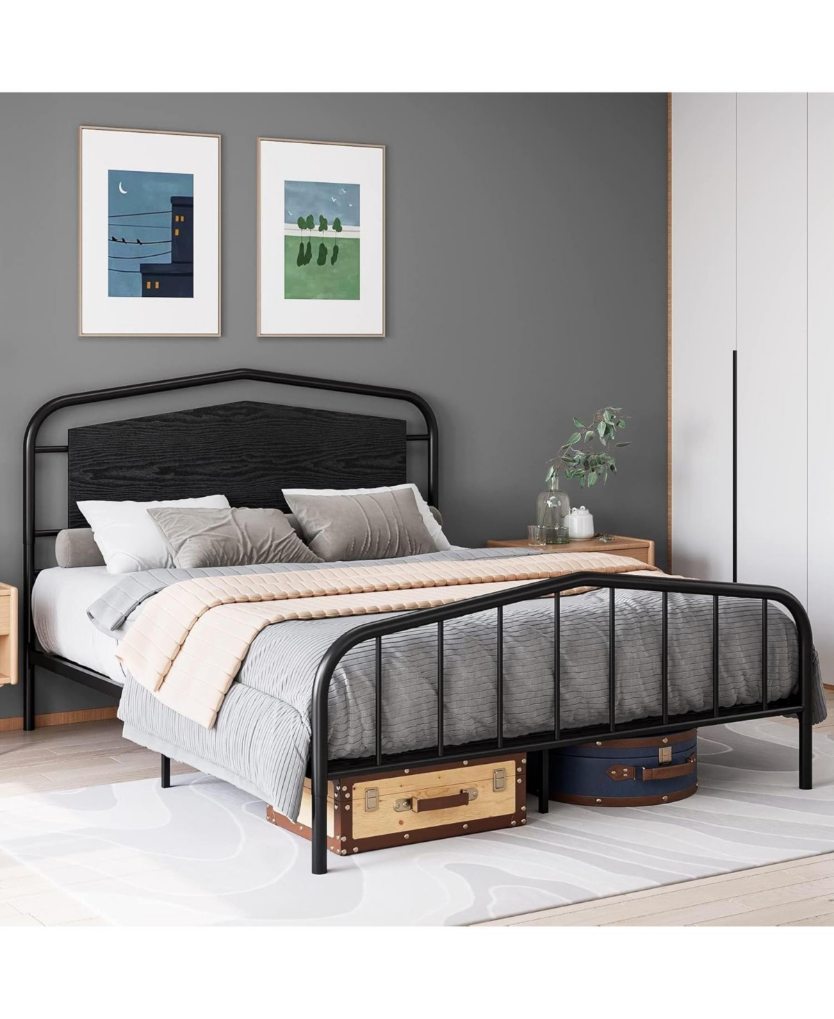 Click here for gaomon Metal Bed Frame with Wooden Headboard  Wrou... prices