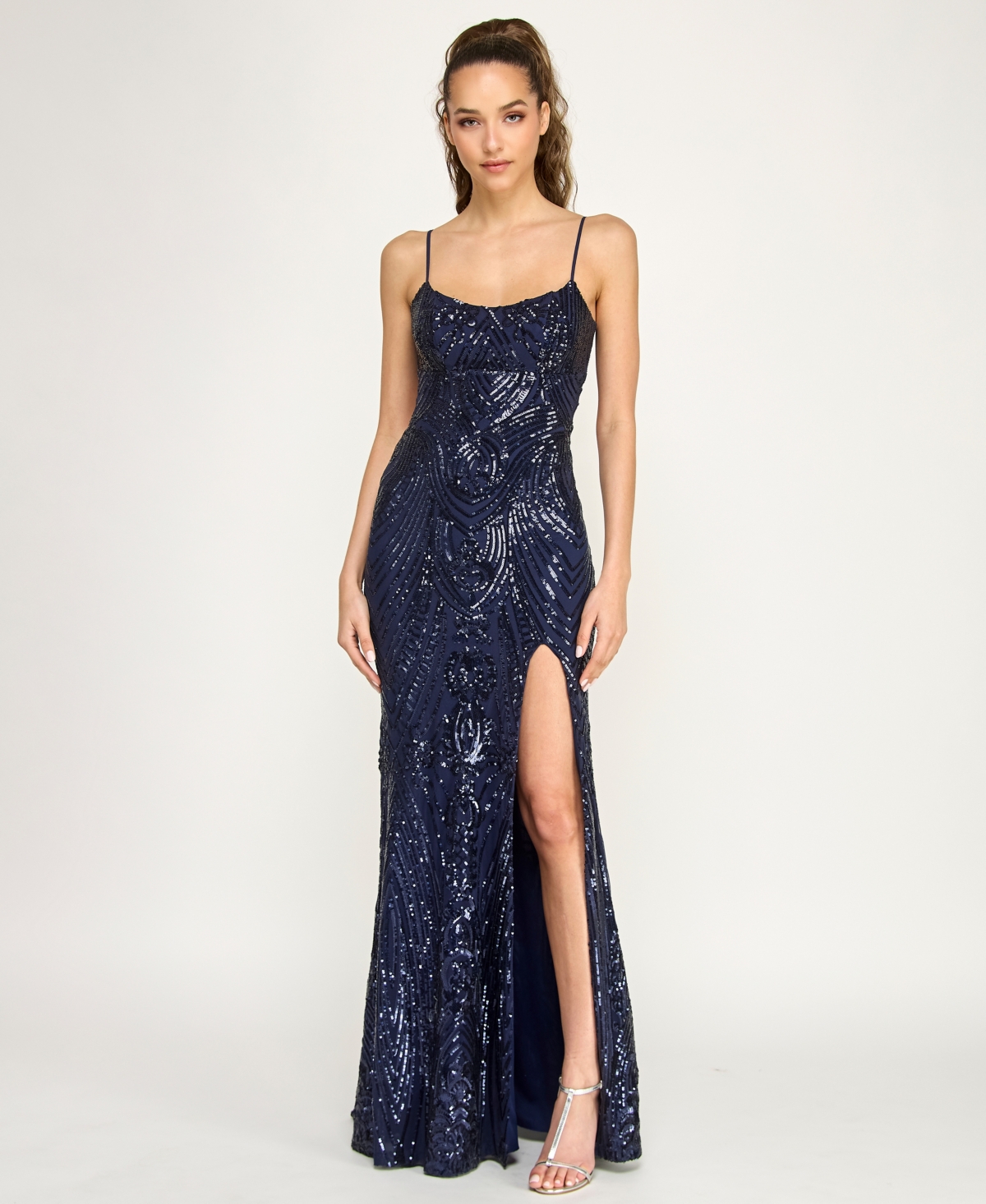 Click here for B Darlin Juniors Sequin Scoop Neck Gown - Navy prices