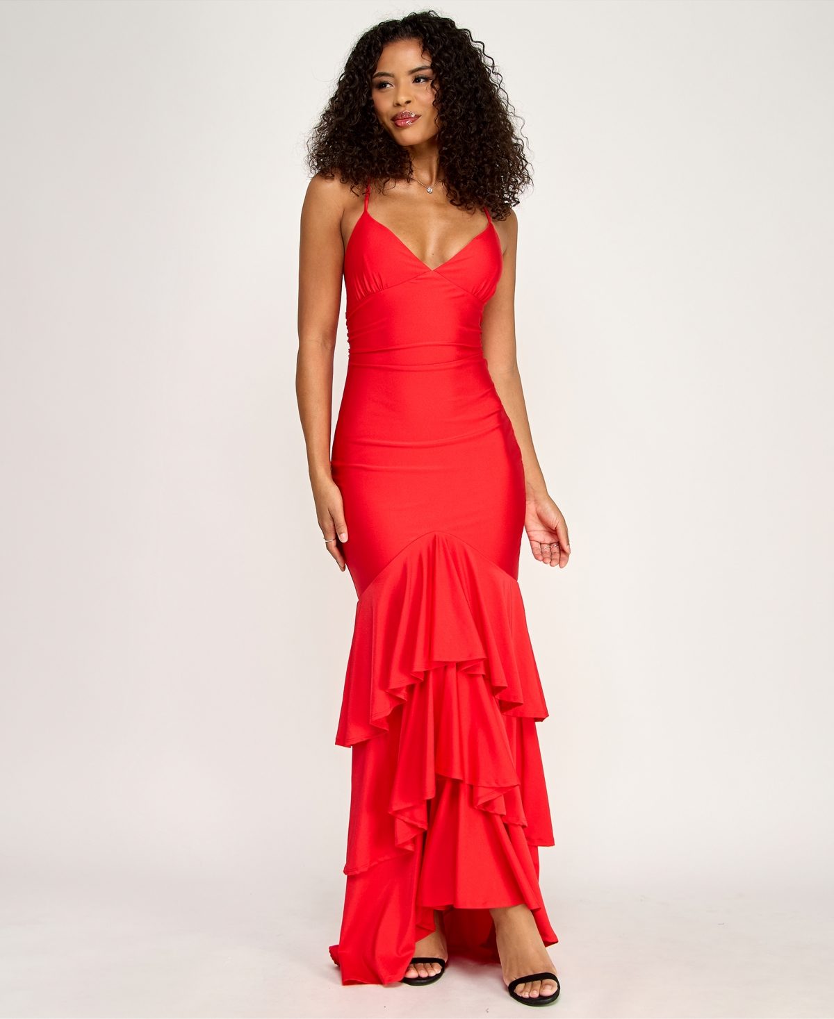 Click here for Katia Rae Juniors V-Neck Ruffled Tie-Back Gown - B... prices