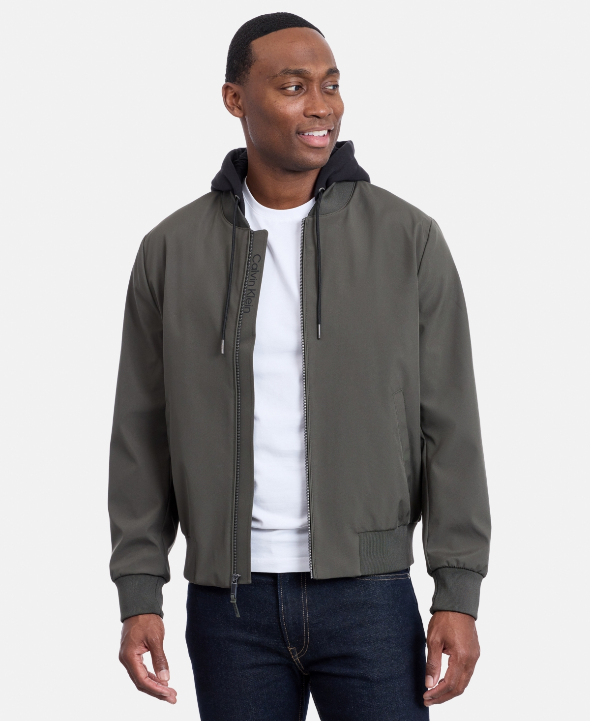Click here for Calvin Klein Mens Bomber Knit Hood Jacket - Olive prices