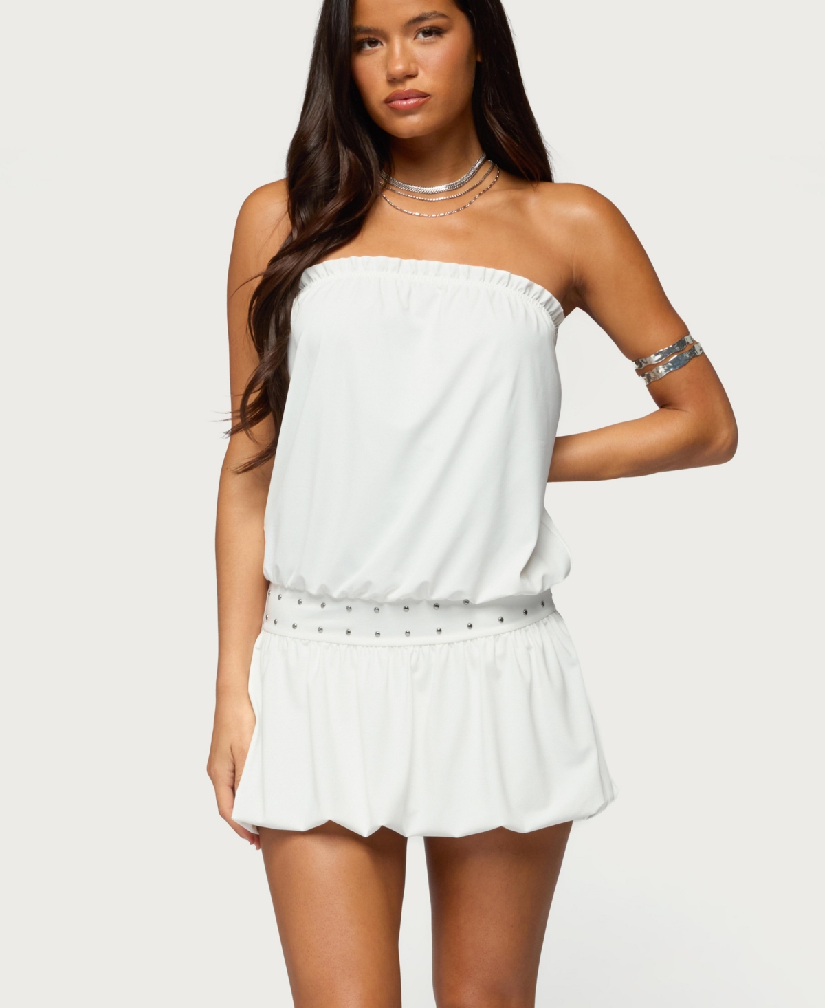 Click here for Edikted Womens Layton Studded Strapless Bubble Min... prices