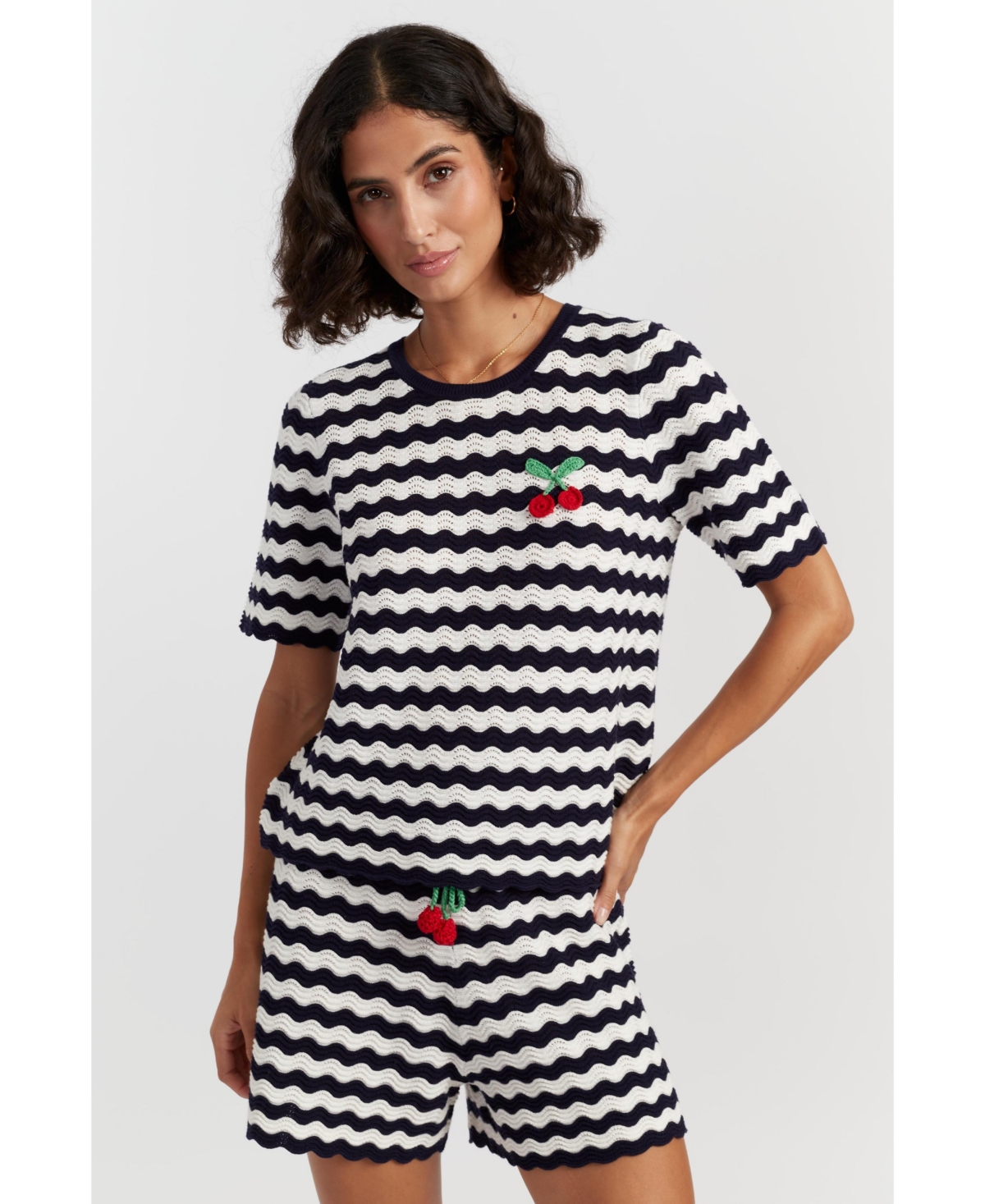 Click here for Chinti & Parker Womens Cherry Crochet Tee - Blue/c... prices