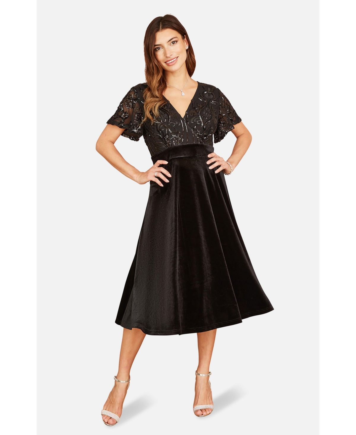 Click here for Yumi Womens Velvet Wrap Skater Midi Dress - Black prices
