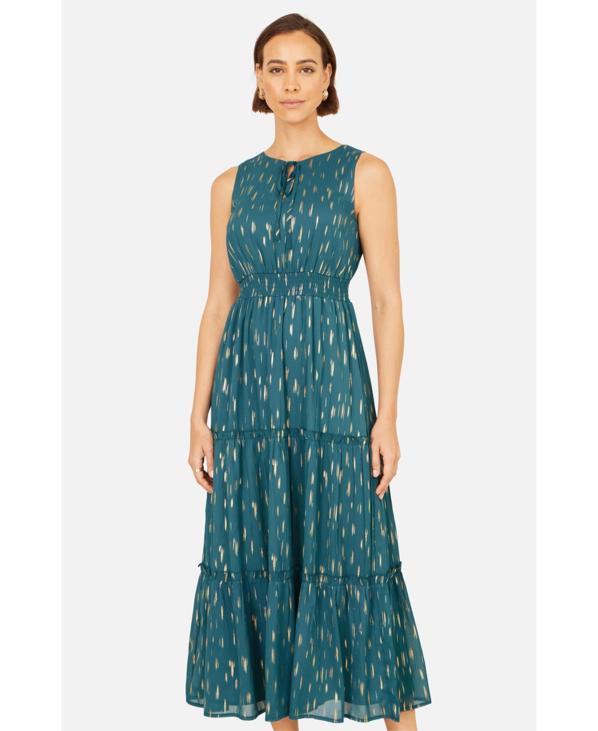 Click here for Yumi Womens Foil Print Ruched Waist Midi Dress - T... prices