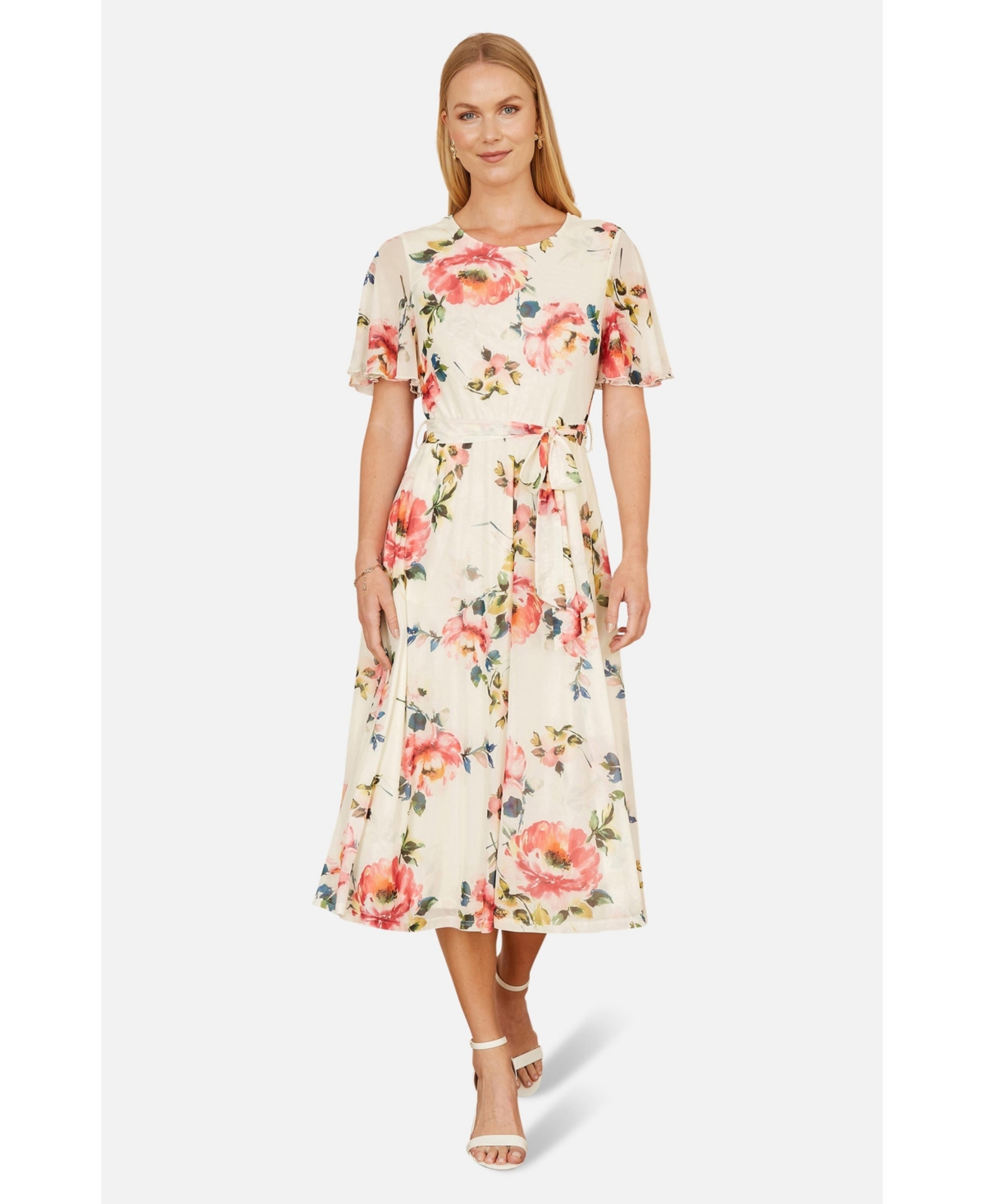Click here for Yumi Womens Mesh Floral Print Midi Dress - Ivory prices