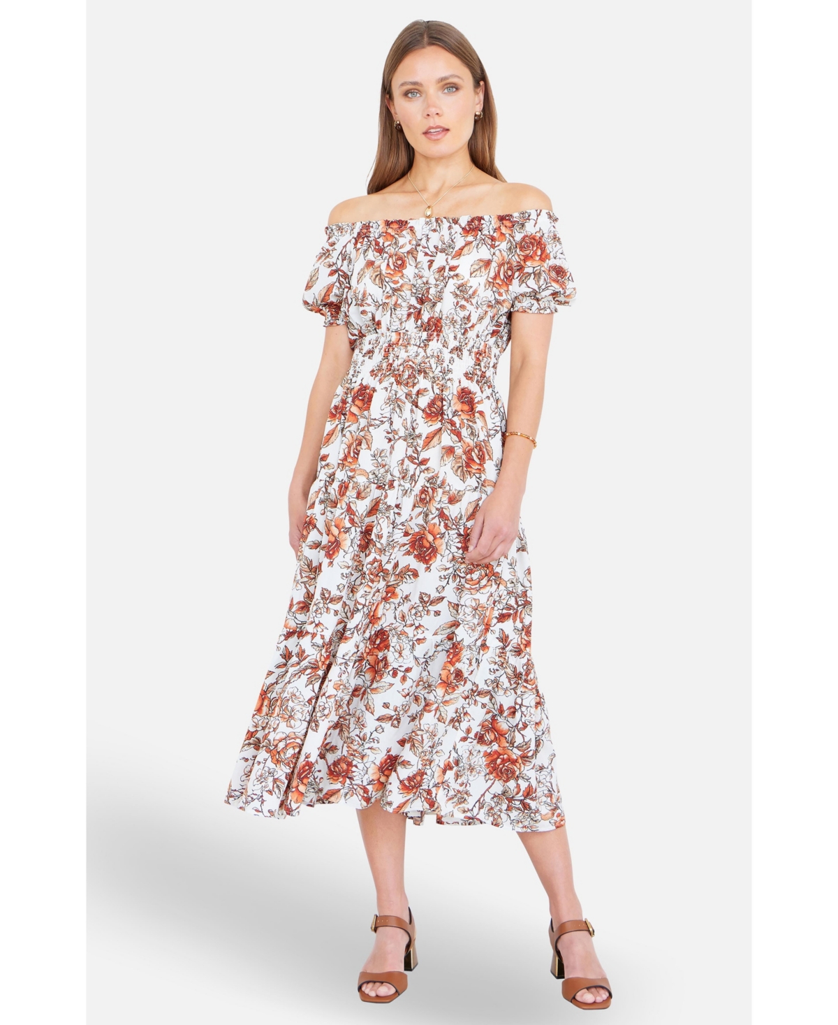 Click here for Yumi Womens Floral Ruched Waist Midi Dress - Orang... prices