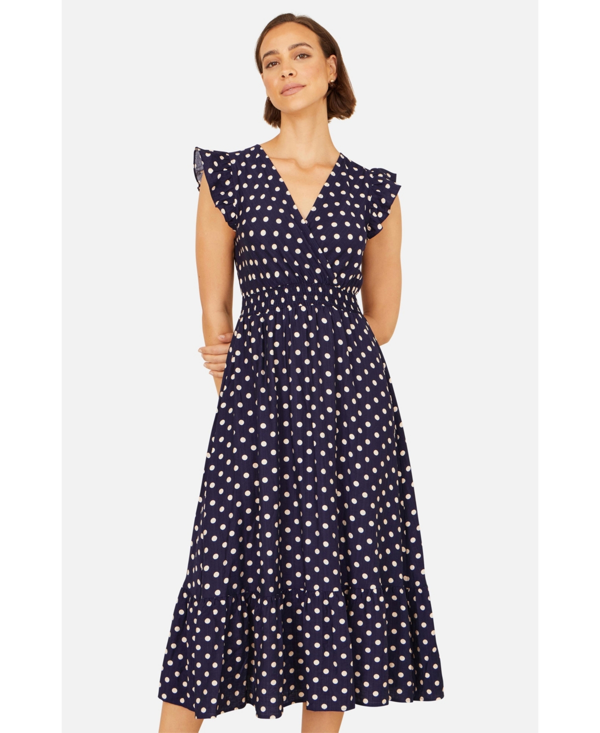 Click here for Yumi Womens Spot Ruched Waist Midi Dress - Navy prices
