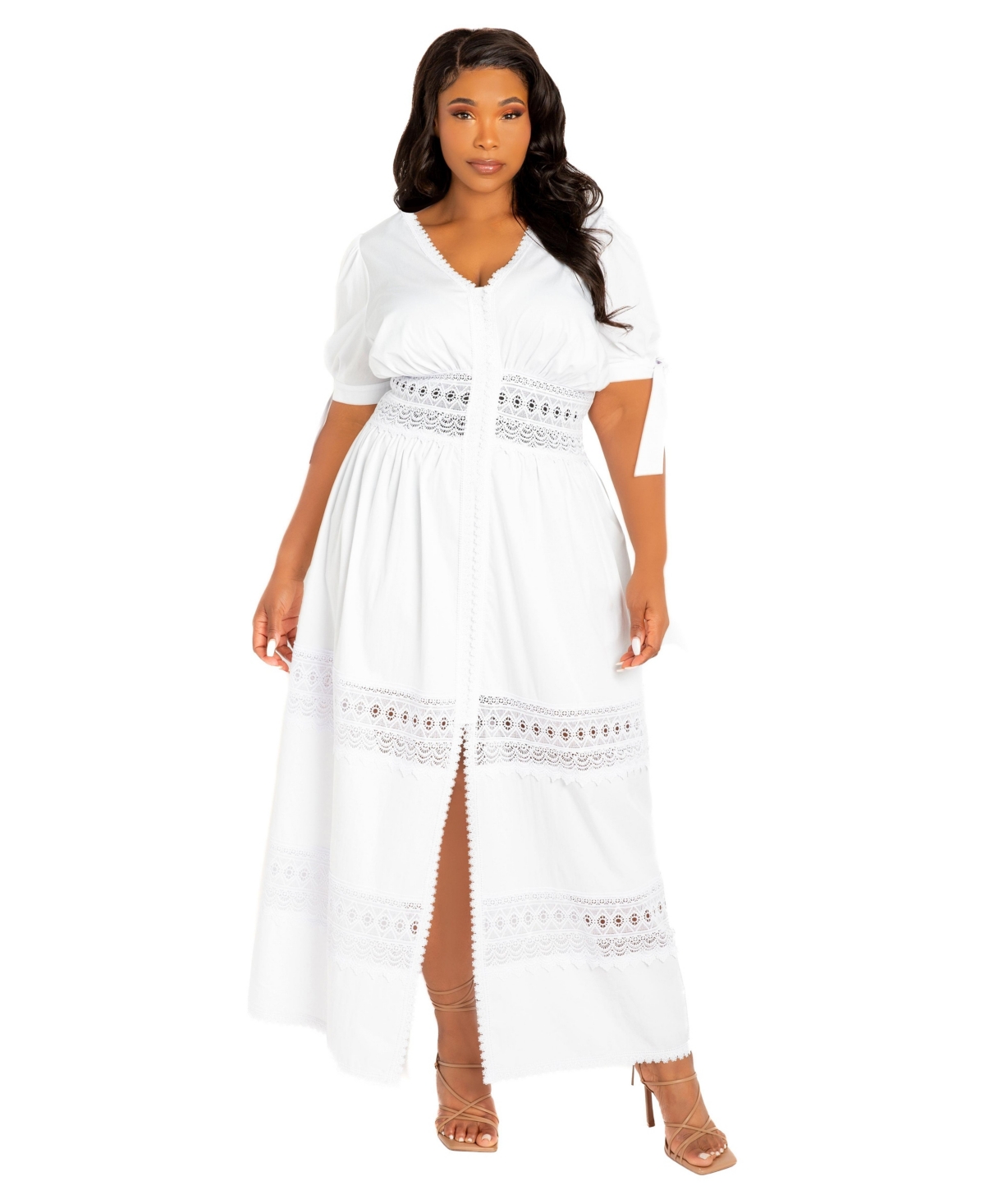 Click here for Buxom Couture Plus Size Puff Sleeve Tiered Eyelet... prices