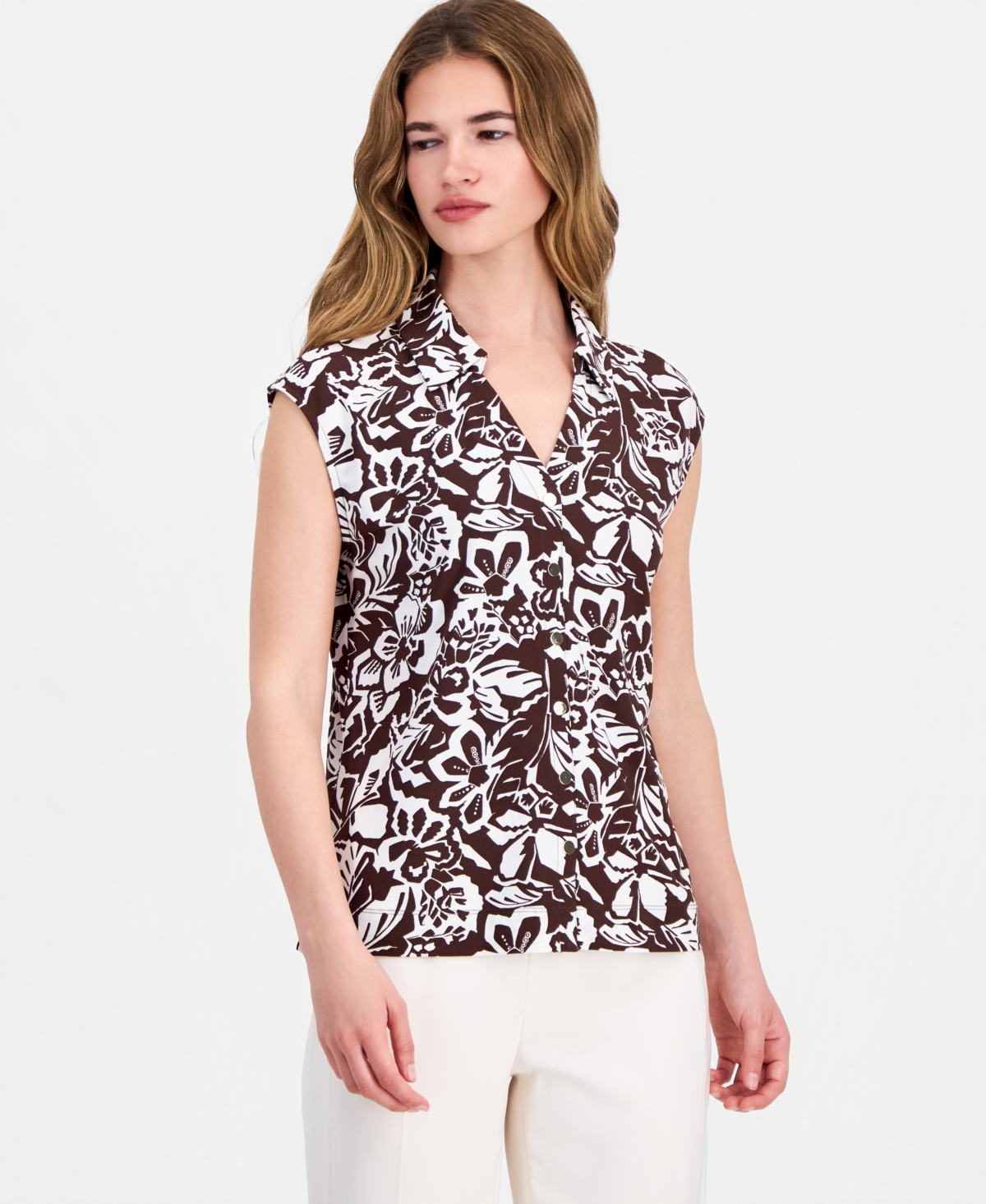 Click here for Anne Klein Essentials Petite Collared Button-Front... prices