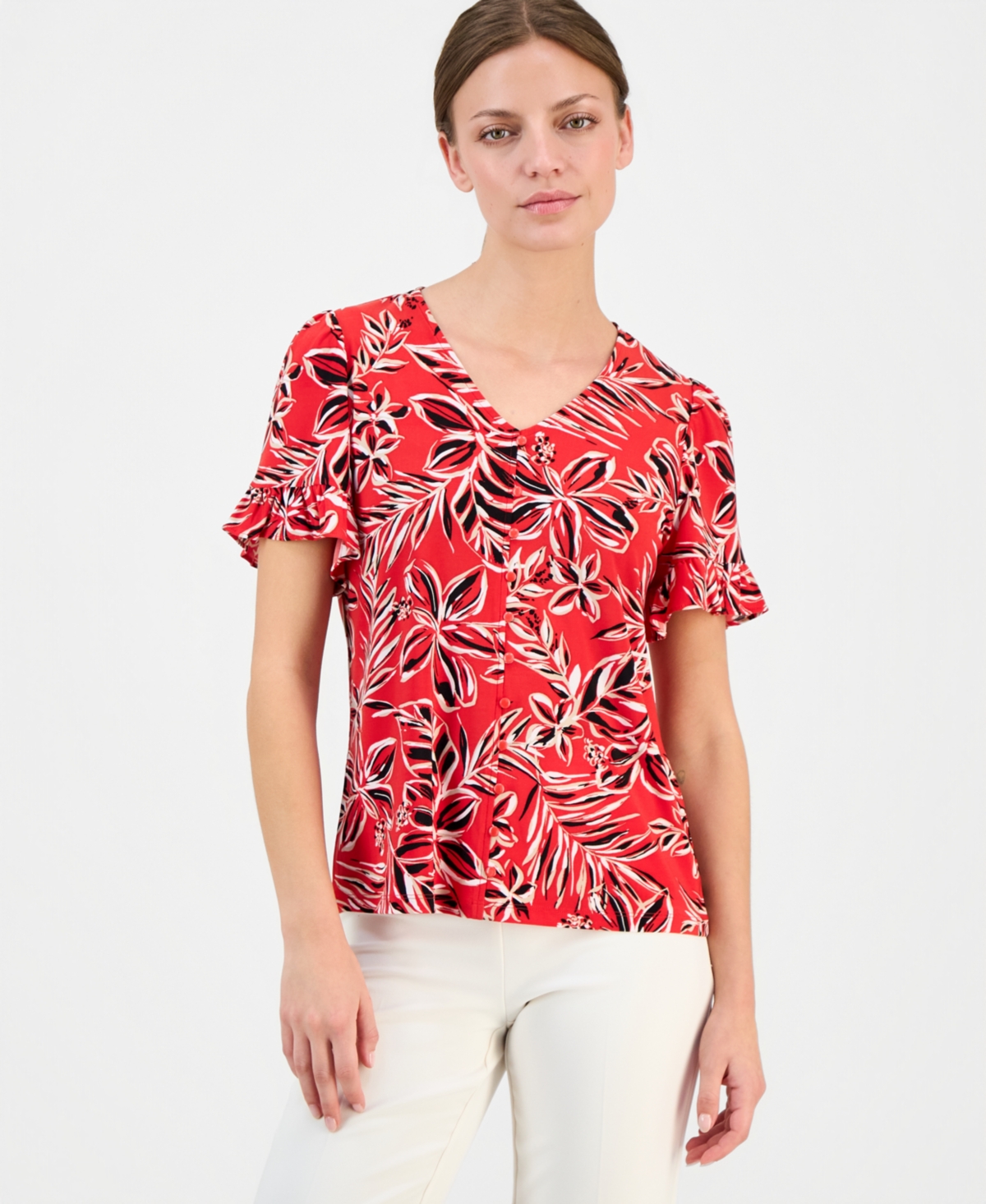 Click here for Anne Klein Essentials Petite Printed Ruffled-Sleev... prices