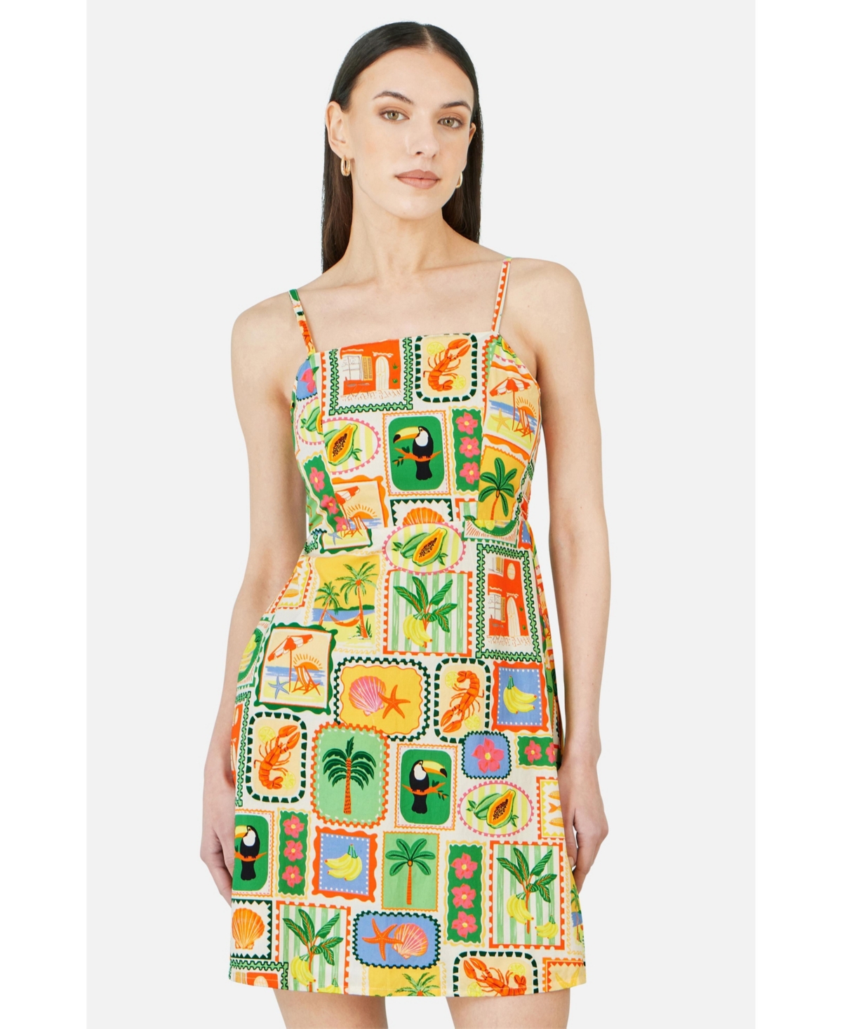 Click here for Yumi Womens Postcard Print Mini Sun Dress - Multi prices