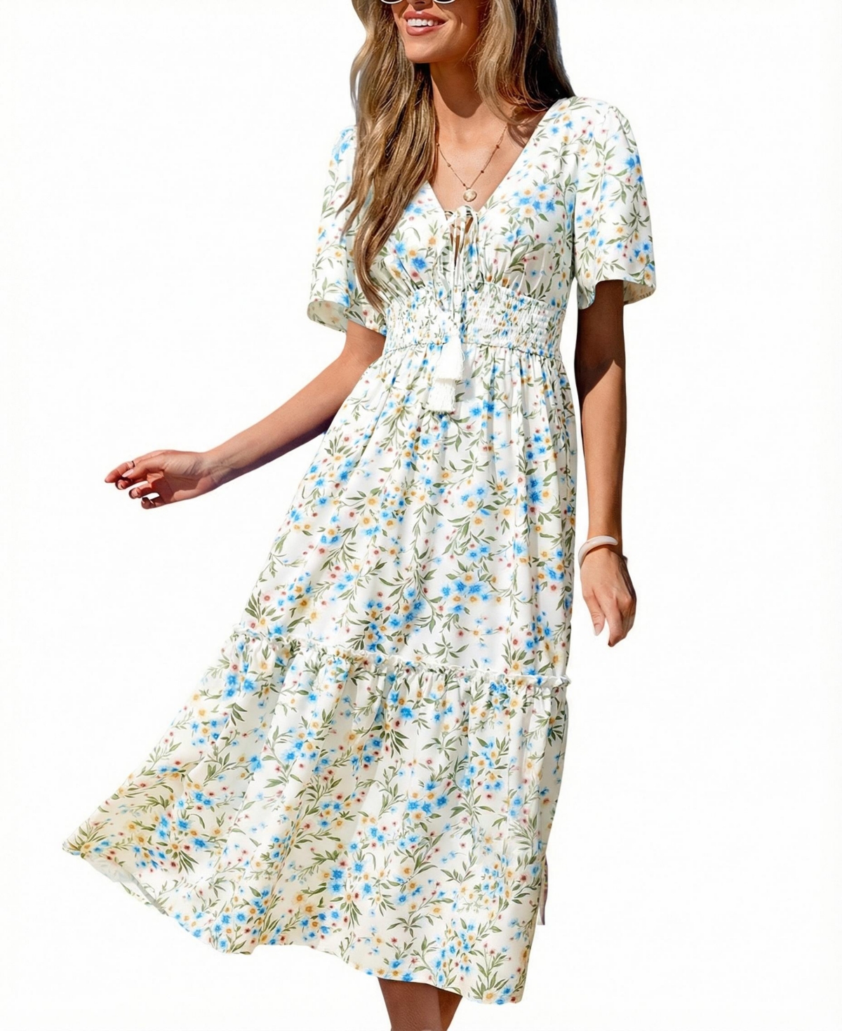 Click here for Cupshe Womens V-Neck Floral Tie-Front Dress - Whit... prices